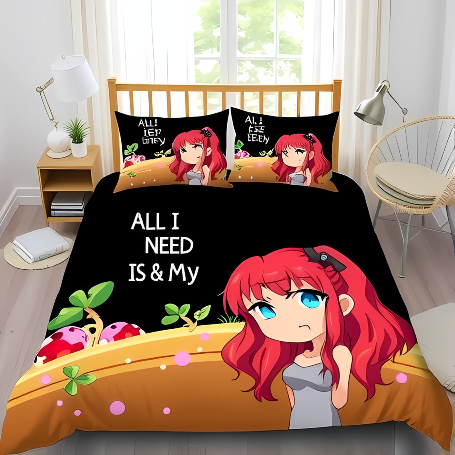 3-Piece Duvet Cover Set with Playful Anime Girl Design Colorful ...