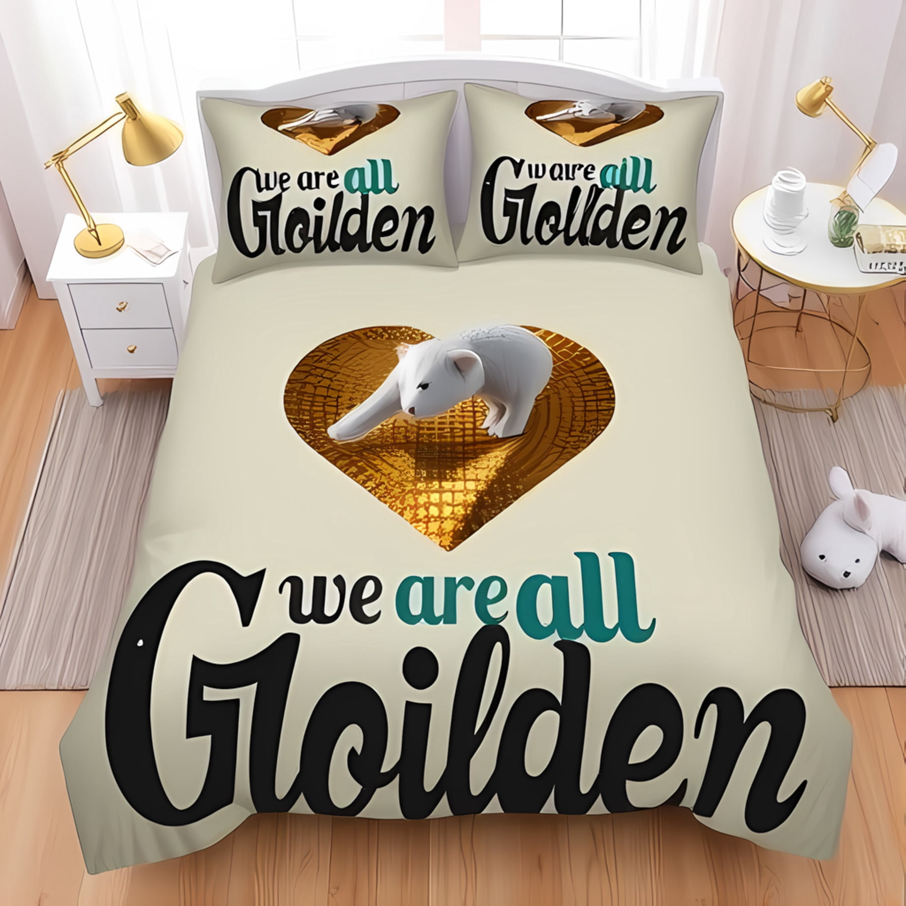3-Piece Duvet Cover Set with Playful Bear Cub on Golden Heart & Bold ...