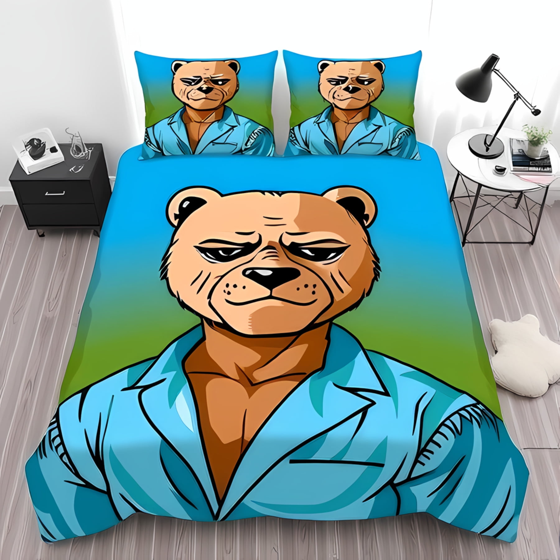 3-Piece Duvet Cover Set with Playful Bear in Light Blue Suit Bold Color ...