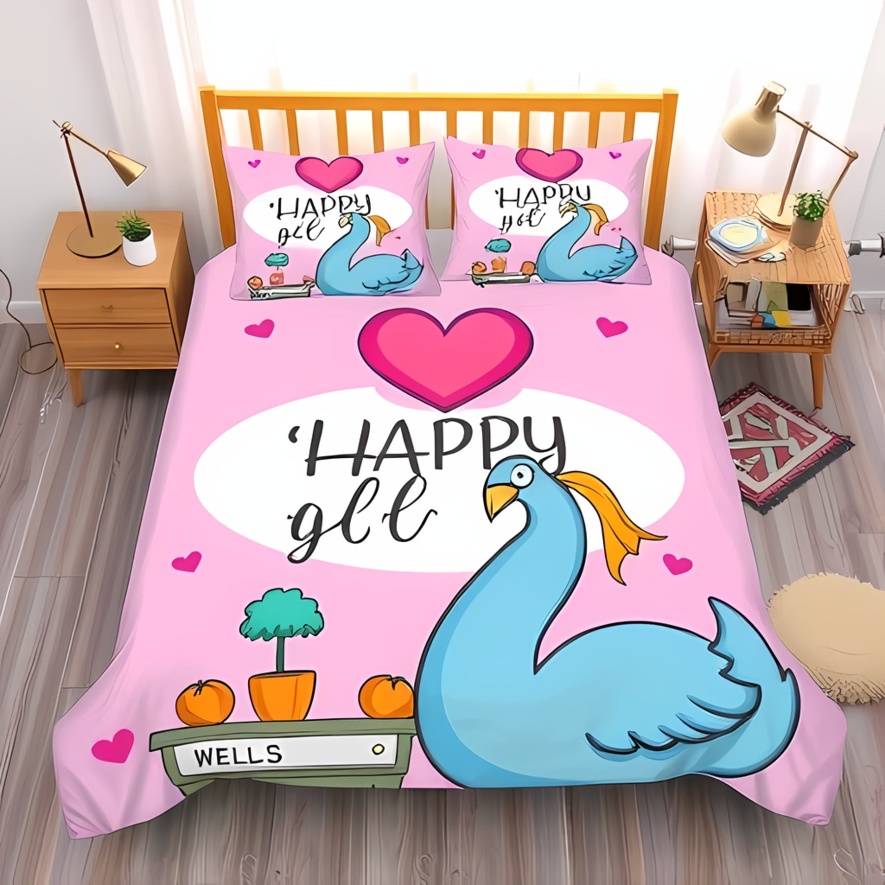 3-Piece Duvet Cover Set with Playful Blue Goose Design Cheerful Bedding ...