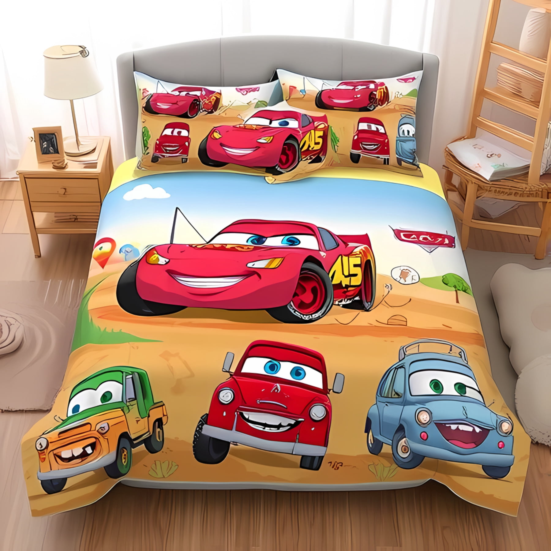 3-Piece Duvet Cover Set with Playful Cartoon Cars in a Vibrant Desert ...