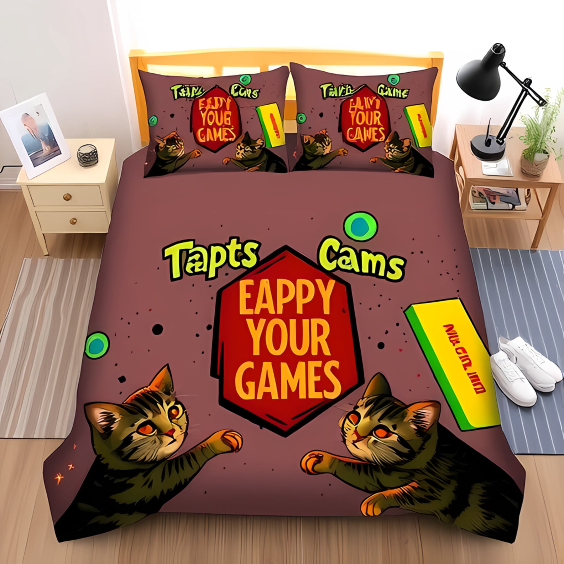3-Piece Duvet Cover Set with Playful Cartoon Cats and Bold Red Hexagon ...