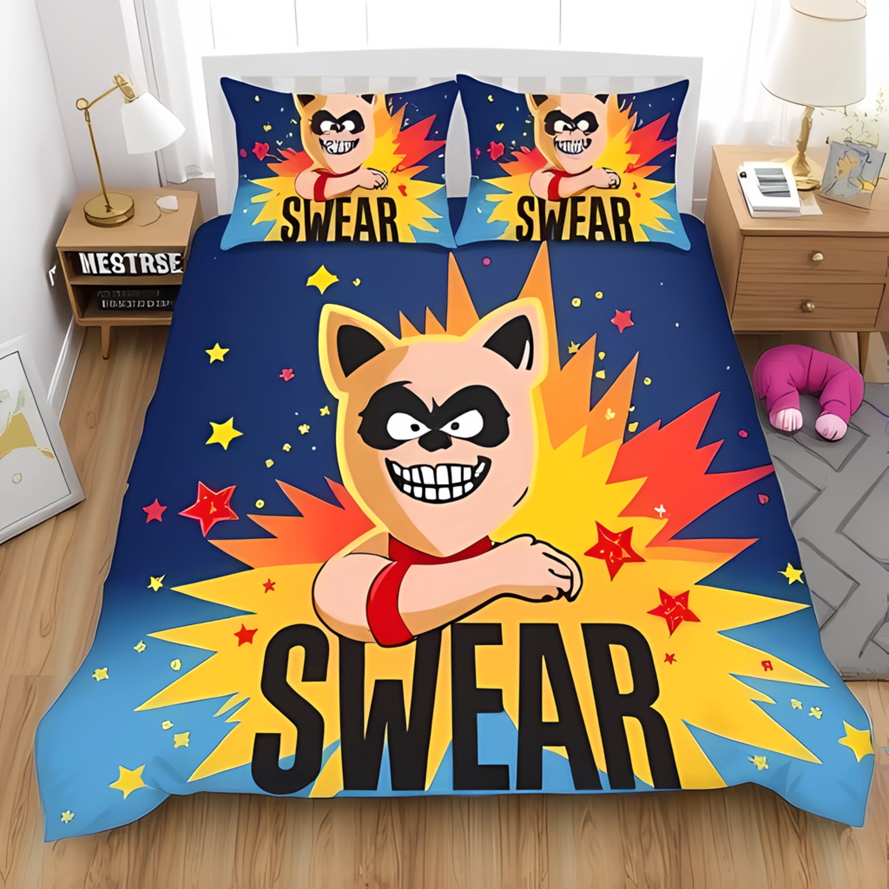 3-Piece Duvet Cover Set with Playful Cartoon Character Design - Bold ...