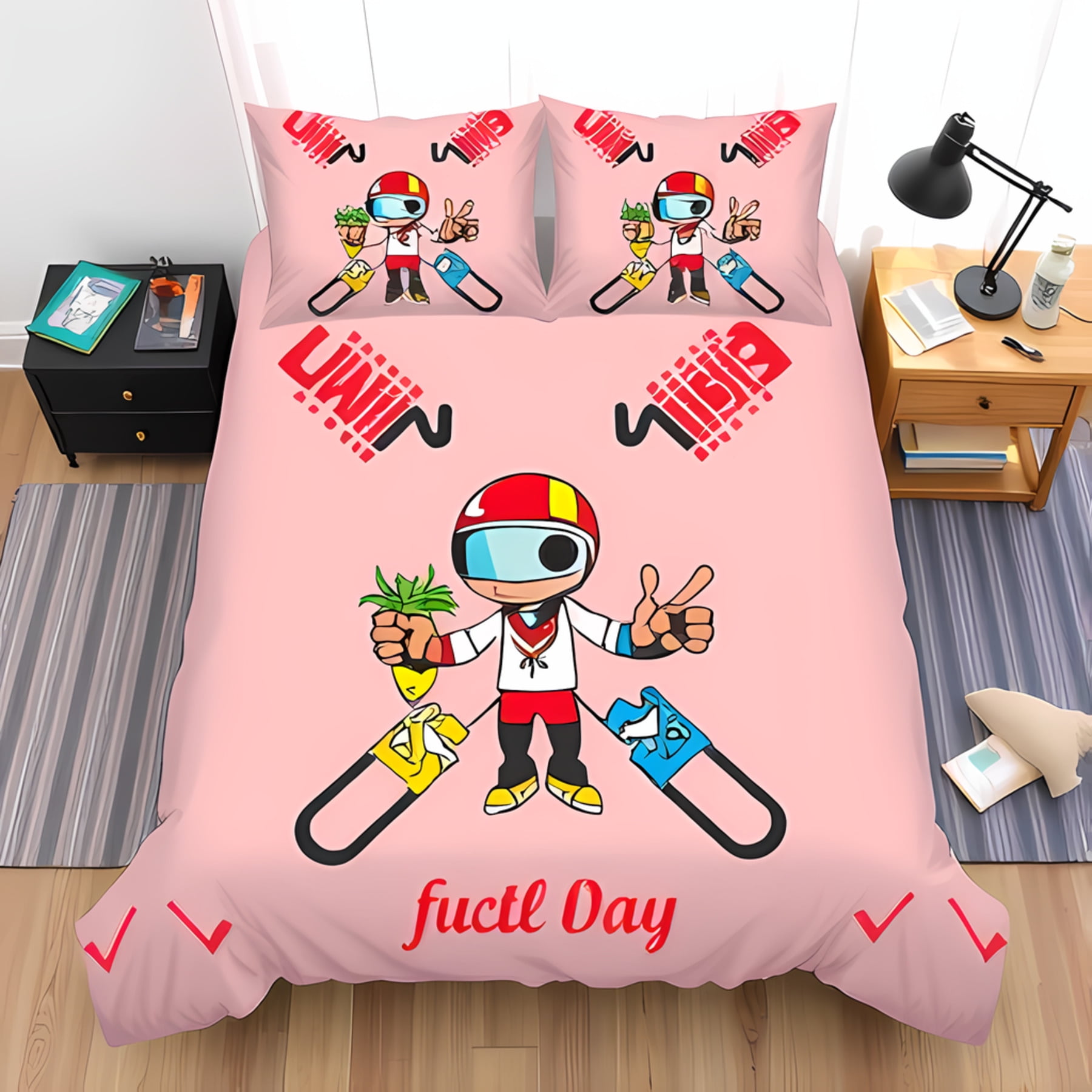 3-Piece Duvet Cover Set with Playful Cartoon Character Design Pink ...