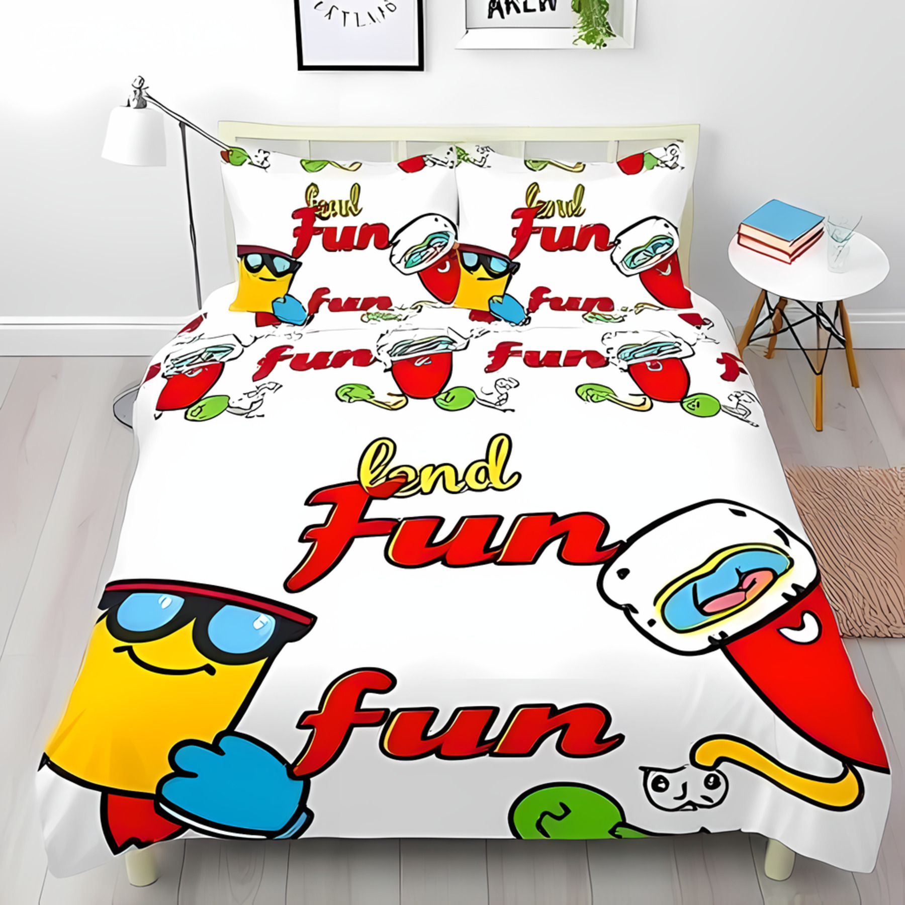 3-Piece Duvet Cover Set with Playful Cartoon Characters - Bright Colors ...