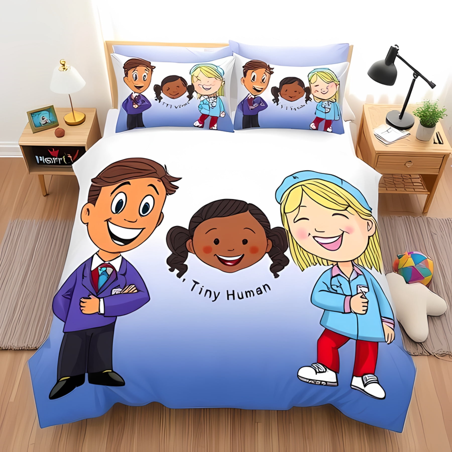 3-Piece Duvet Cover Set with Playful Cartoon Characters on Bright Blue ...