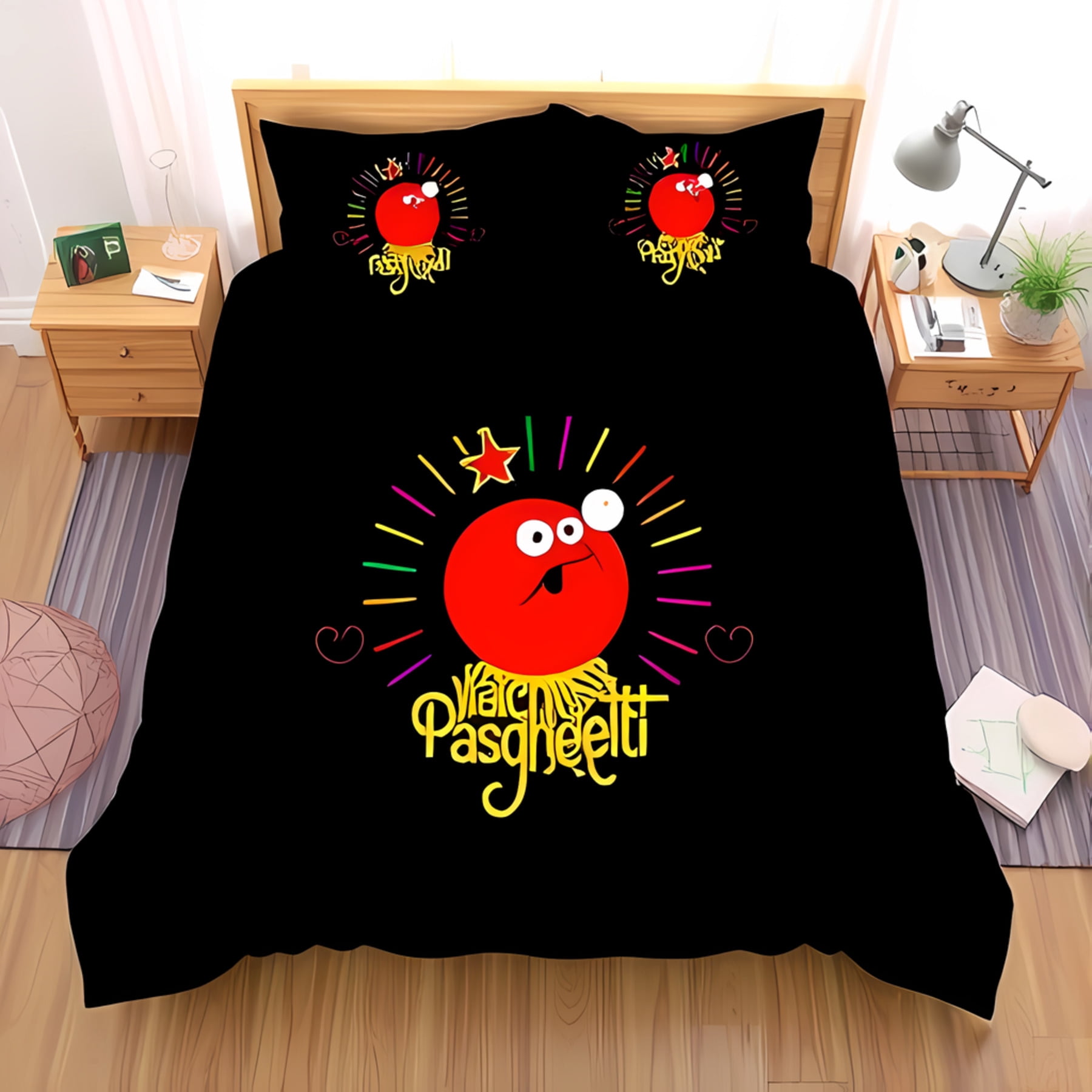 3-Piece Duvet Cover Set with Playful Cartoon Design Black Background ...