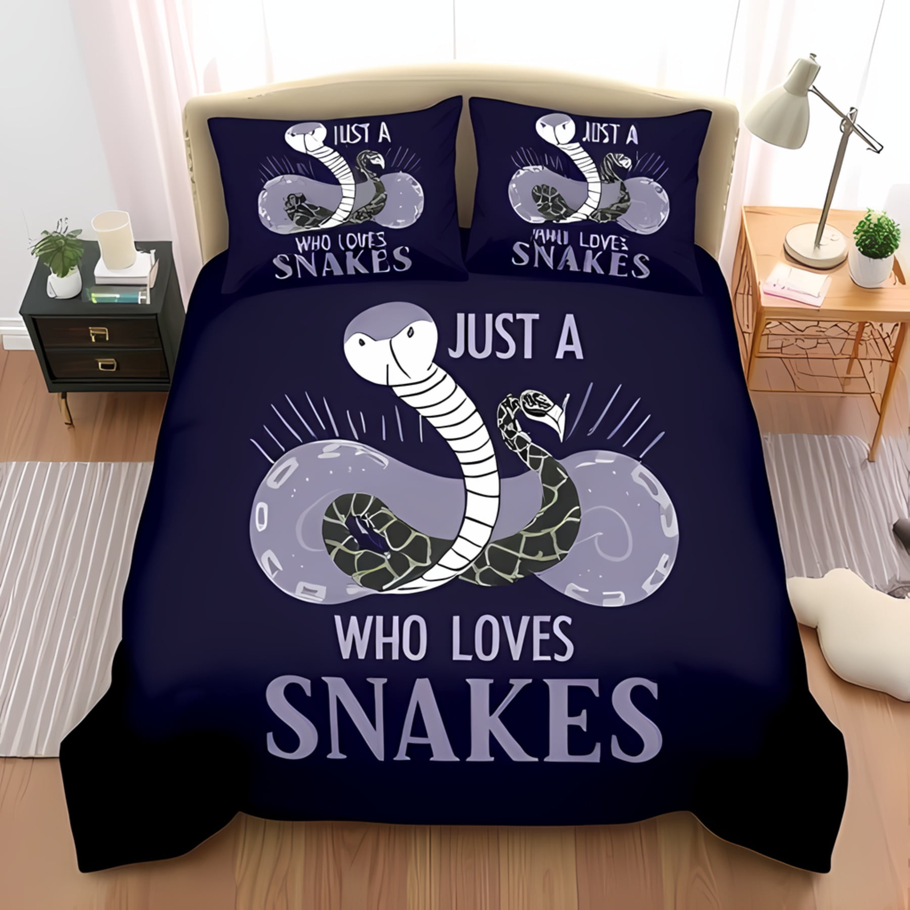 3-Piece Duvet Cover Set with Playful Cartoon Snakes Design - Navy Blue ...
