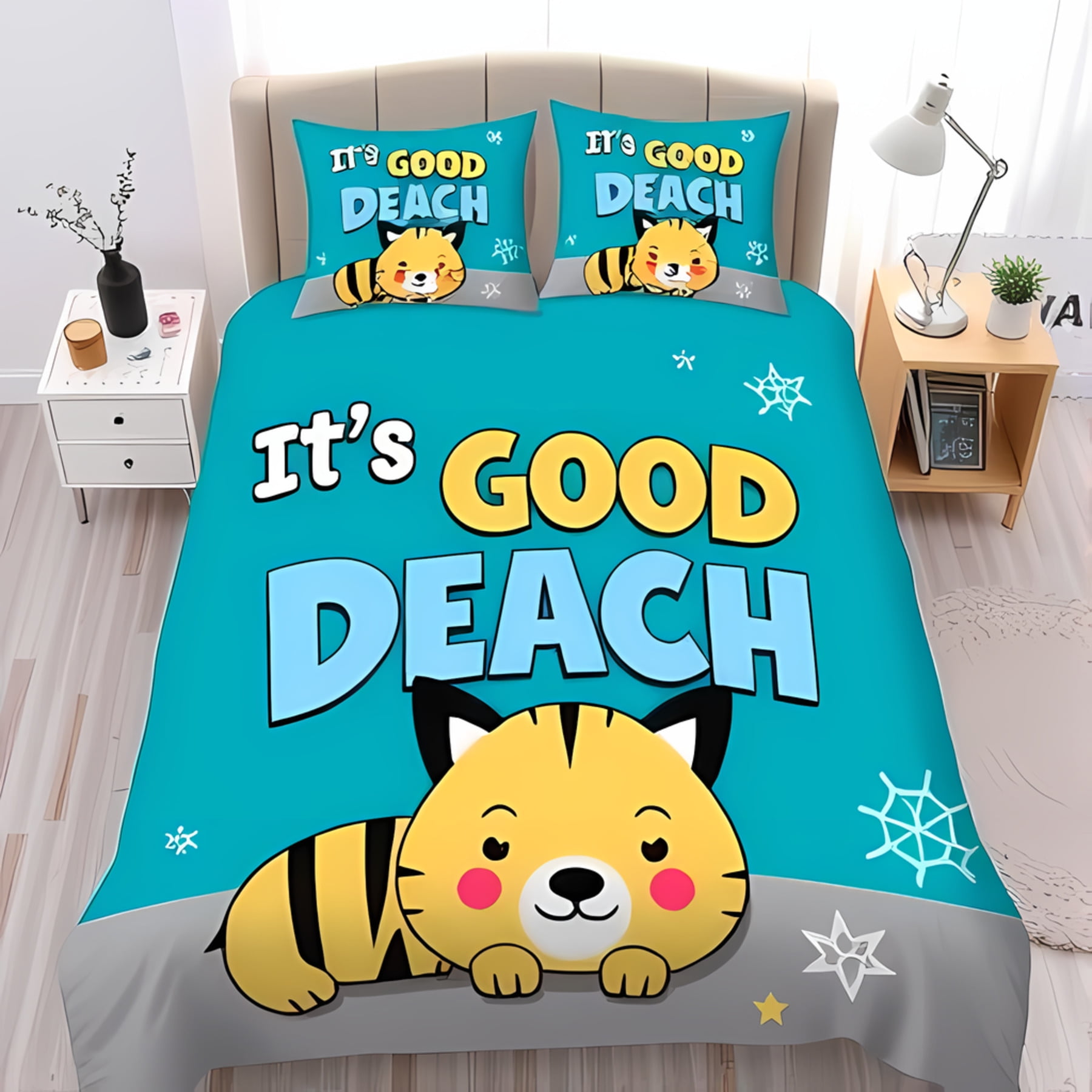 3-Piece Duvet Cover Set with Playful Cartoon Tiger Design Bright Blue ...