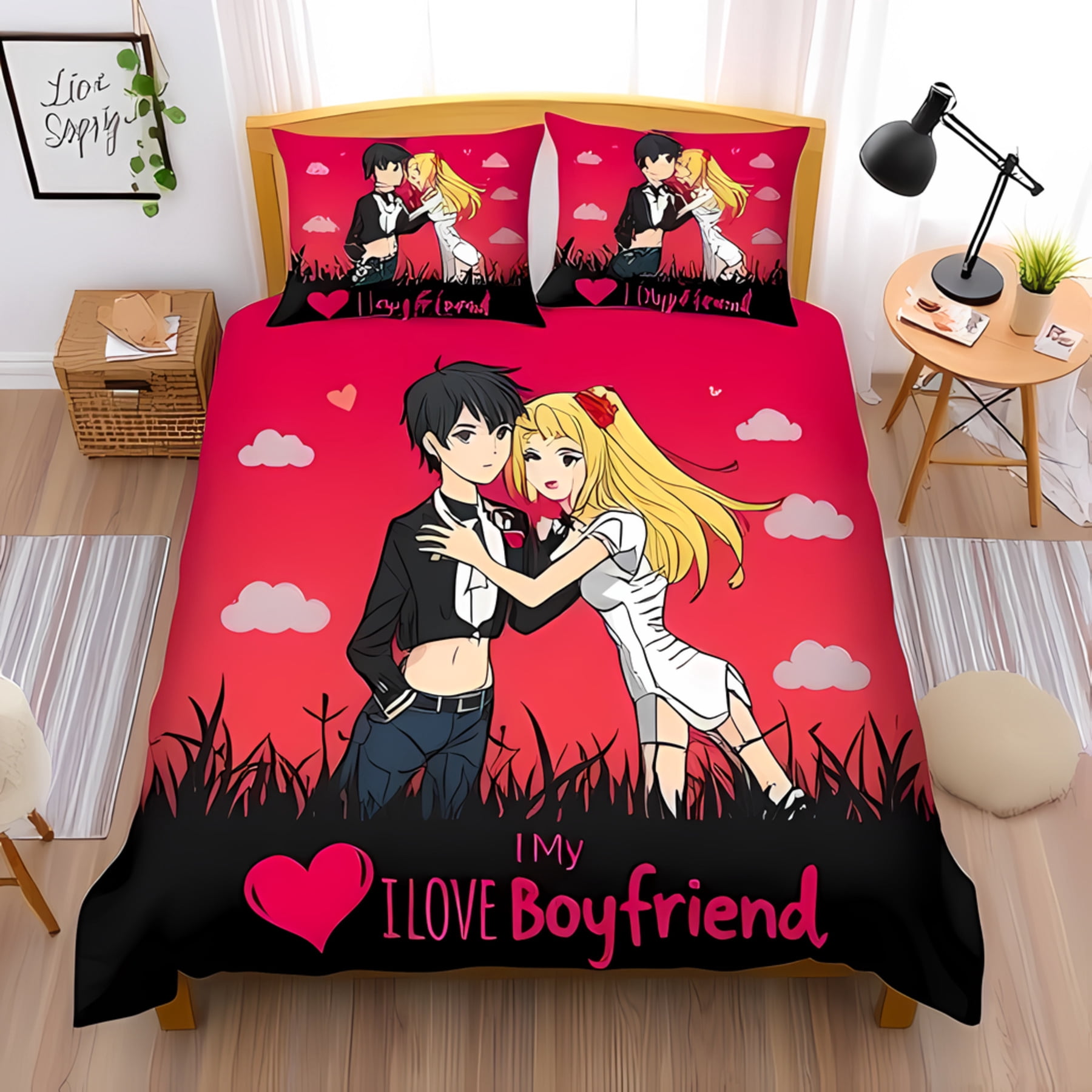 3-Piece Duvet Cover Set with Playful Couple Design Red Gradient ...