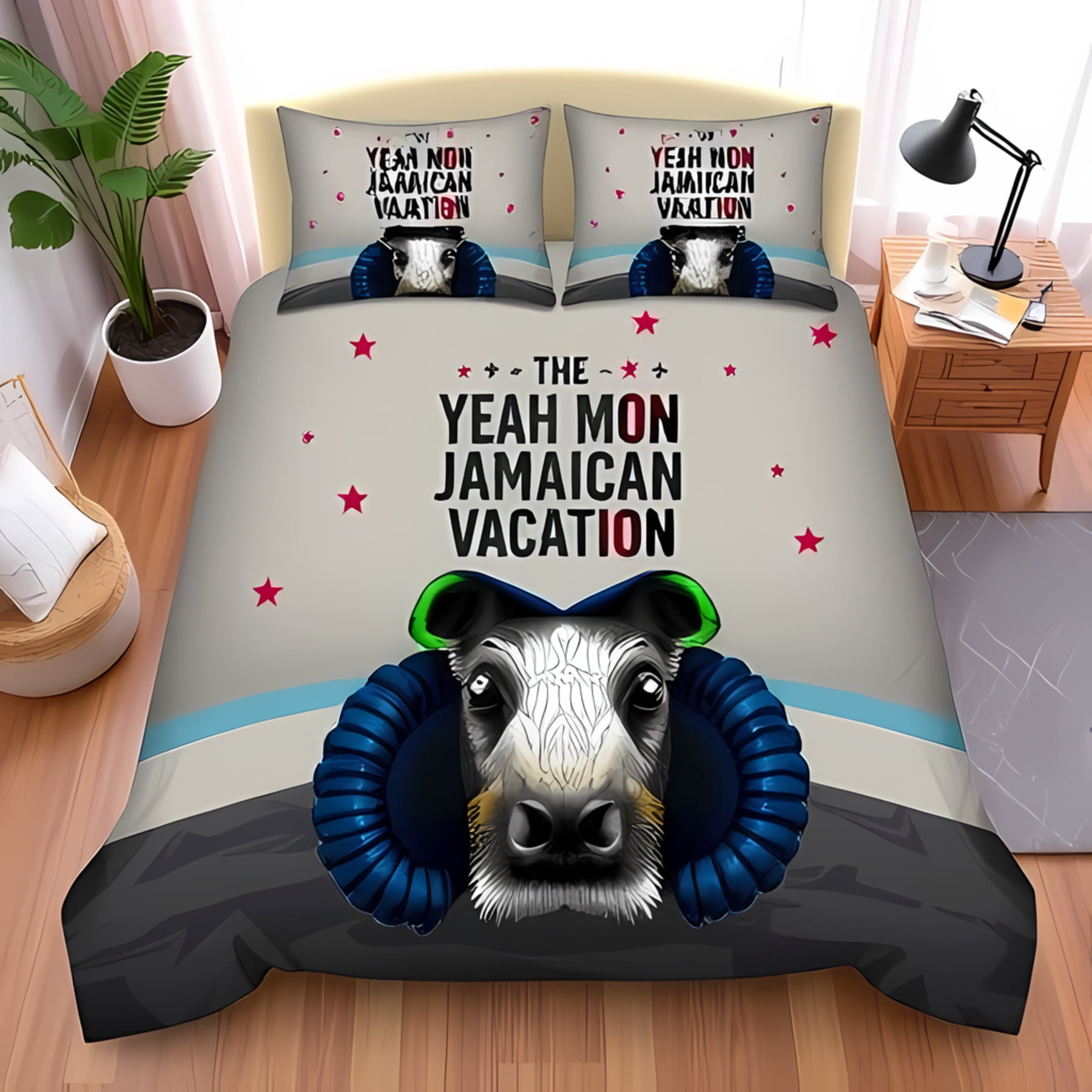 3-Piece Duvet Cover Set with Playful Cow Head Design and Blue Horns ...