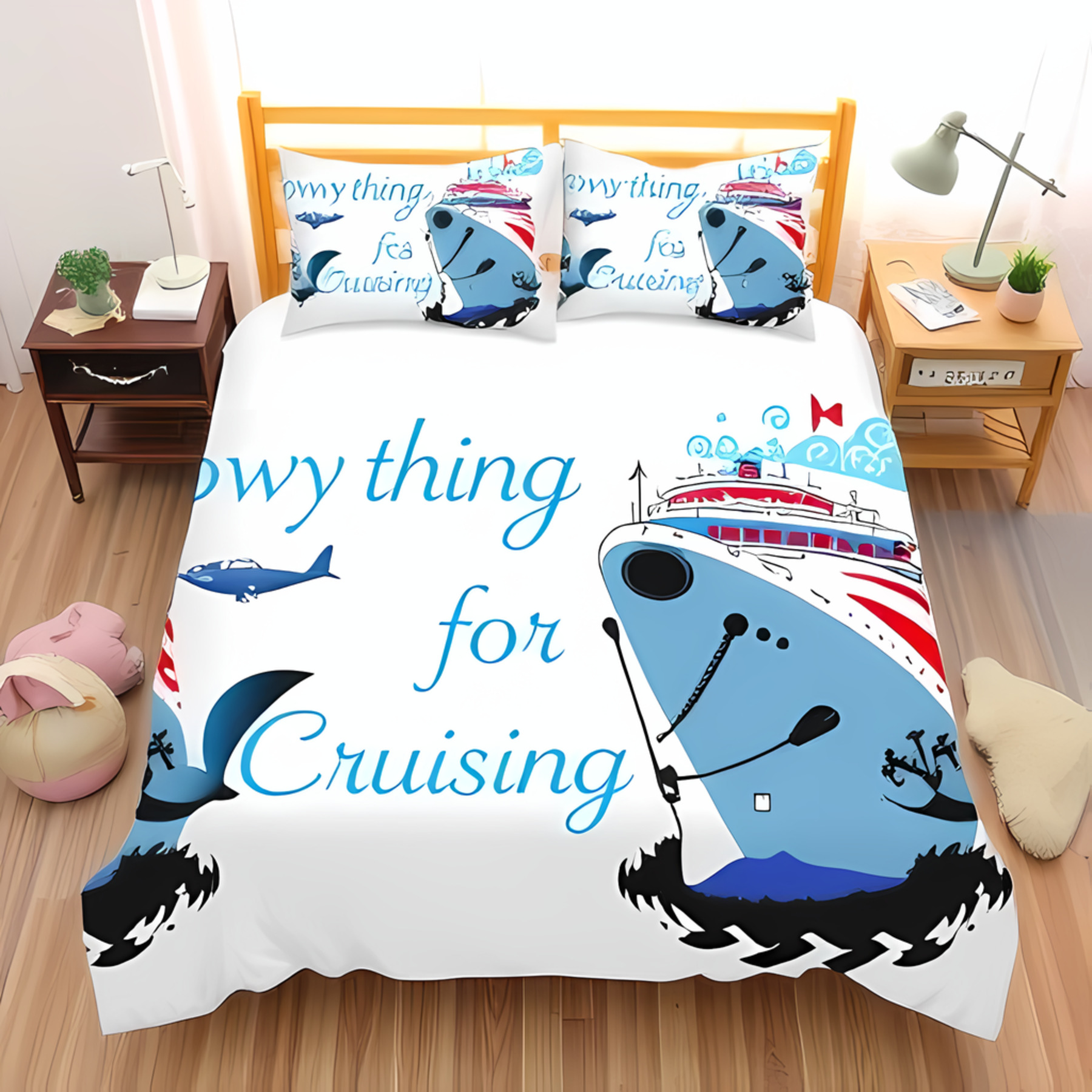 3-Piece Duvet Cover Set with Playful Cruise Ship Design Light Blue ...