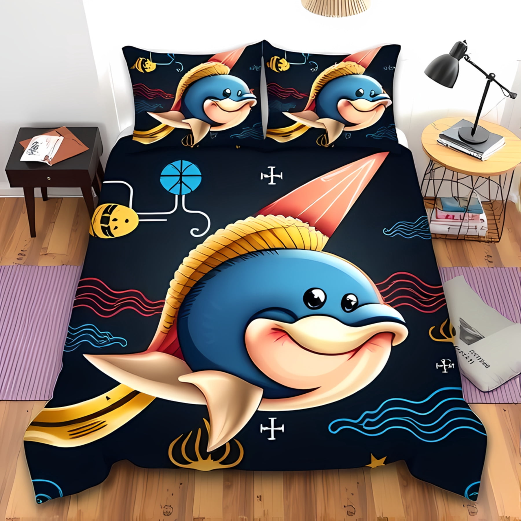 3-Piece Duvet Cover Set with Playful Design on Blue Background - Fun ...