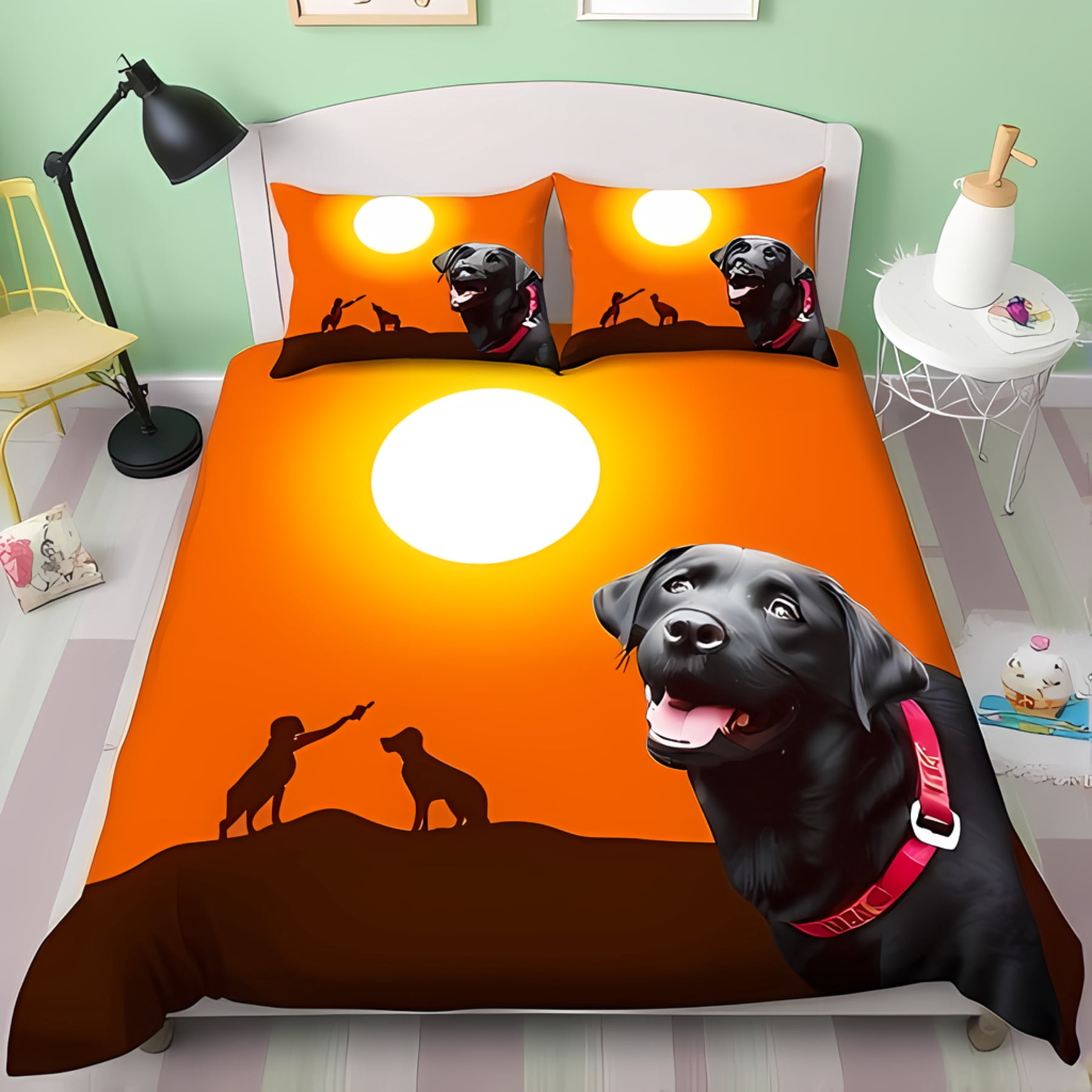 3-Piece Duvet Cover Set with Playful Dog Silhouettes & Sunset Design in ...