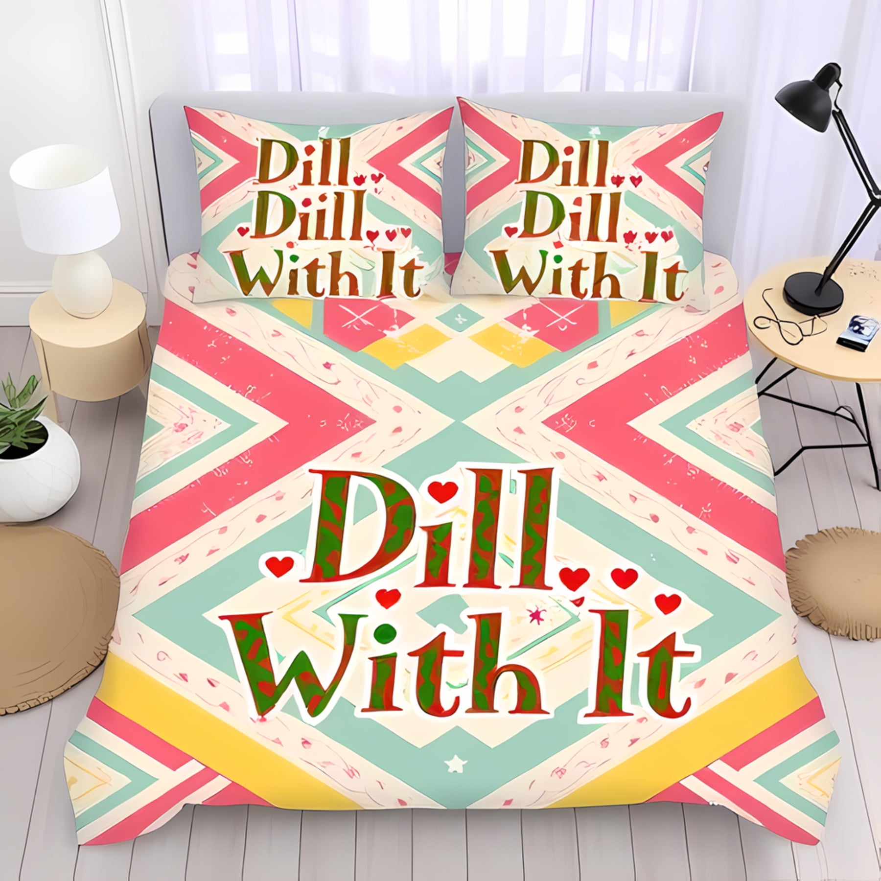 3-Piece Duvet Cover Set with Playful Geometric Patterns in Pink Green ...