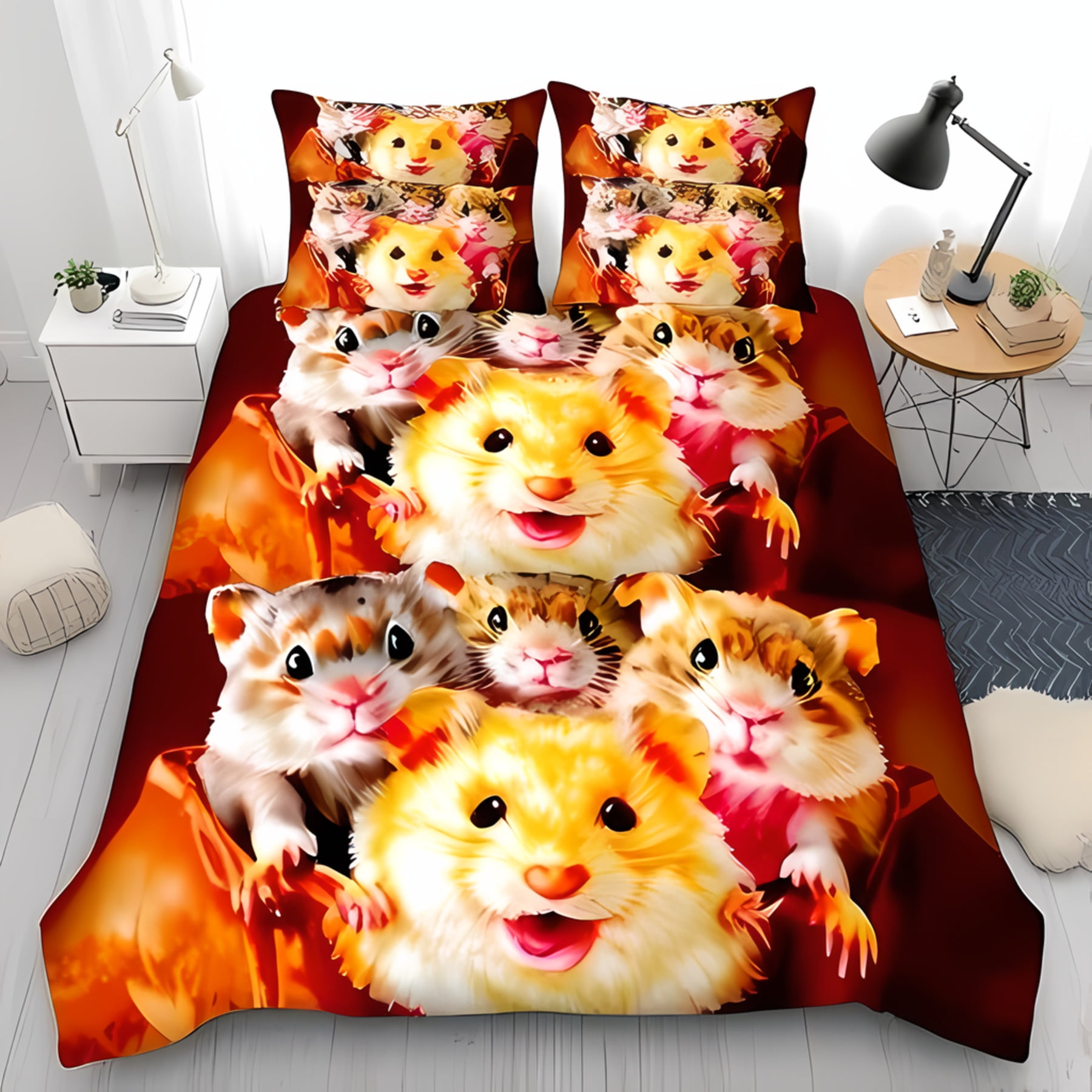 3-Piece Duvet Cover Set with Playful Hamster Design - Whimsical Bedding ...