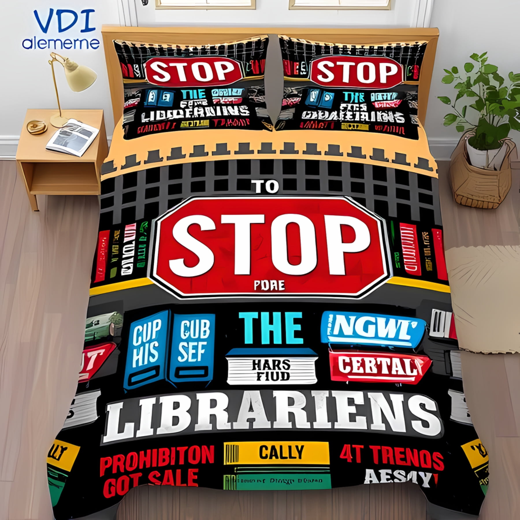 3-Piece Duvet Cover Set with Playful Library Motif - Red Stop Sign ...