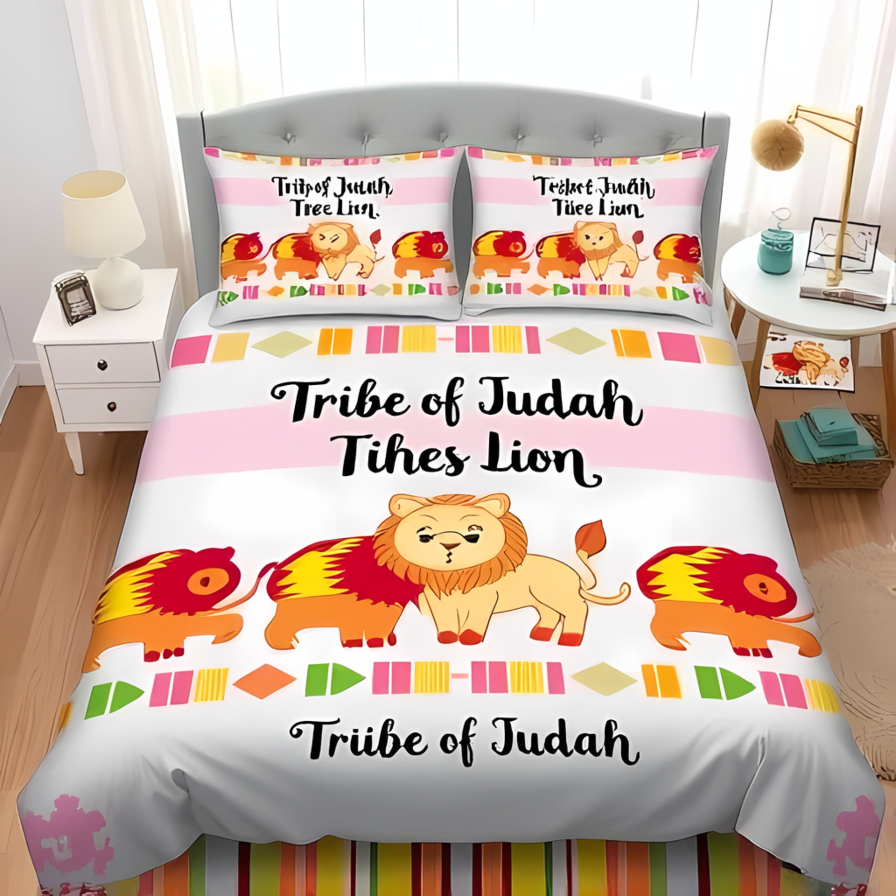 3-Piece Duvet Cover Set with Playful Lion Design Geometric Patterns in ...