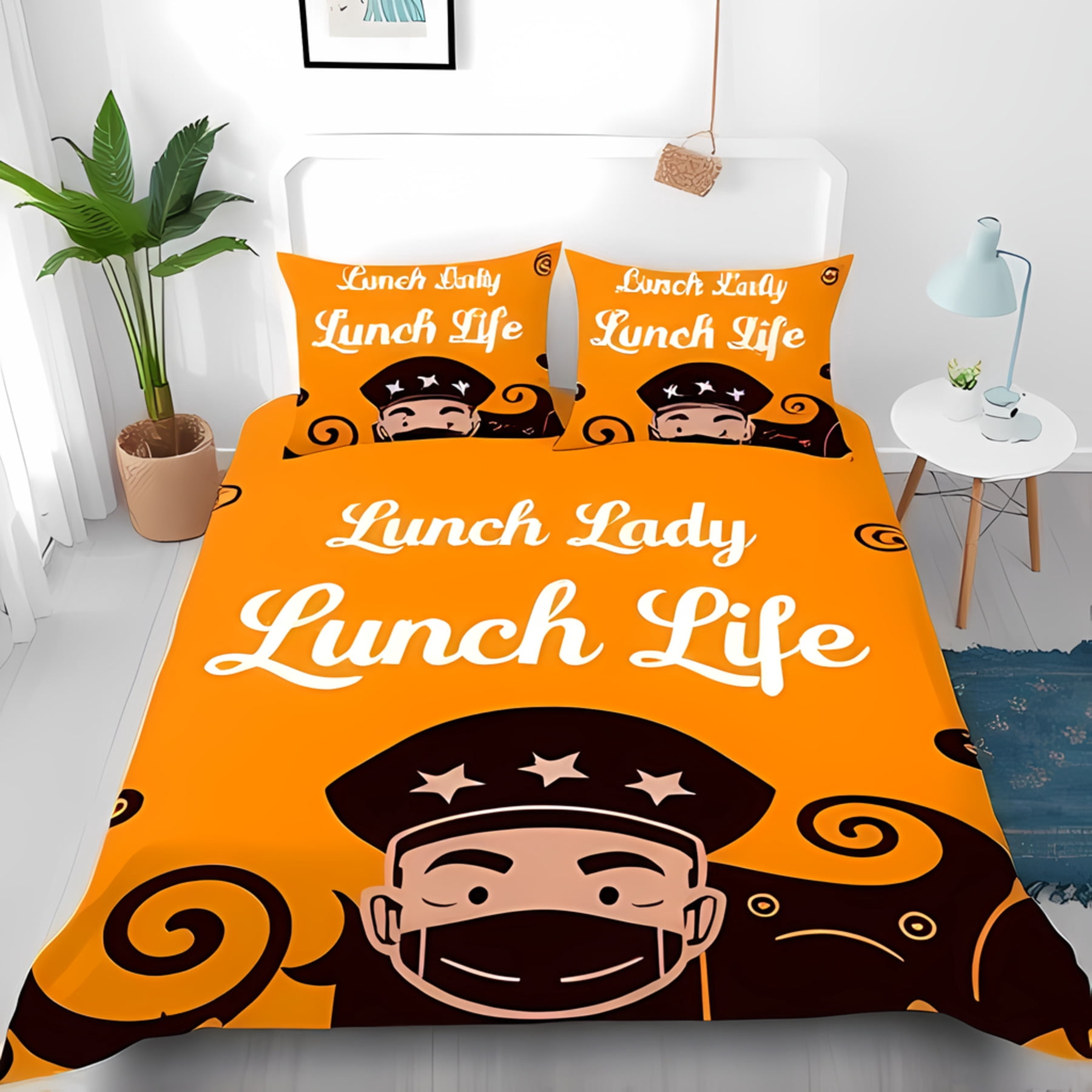3-Piece Duvet Cover Set with Playful Lunch Lady Graphics Orange ...