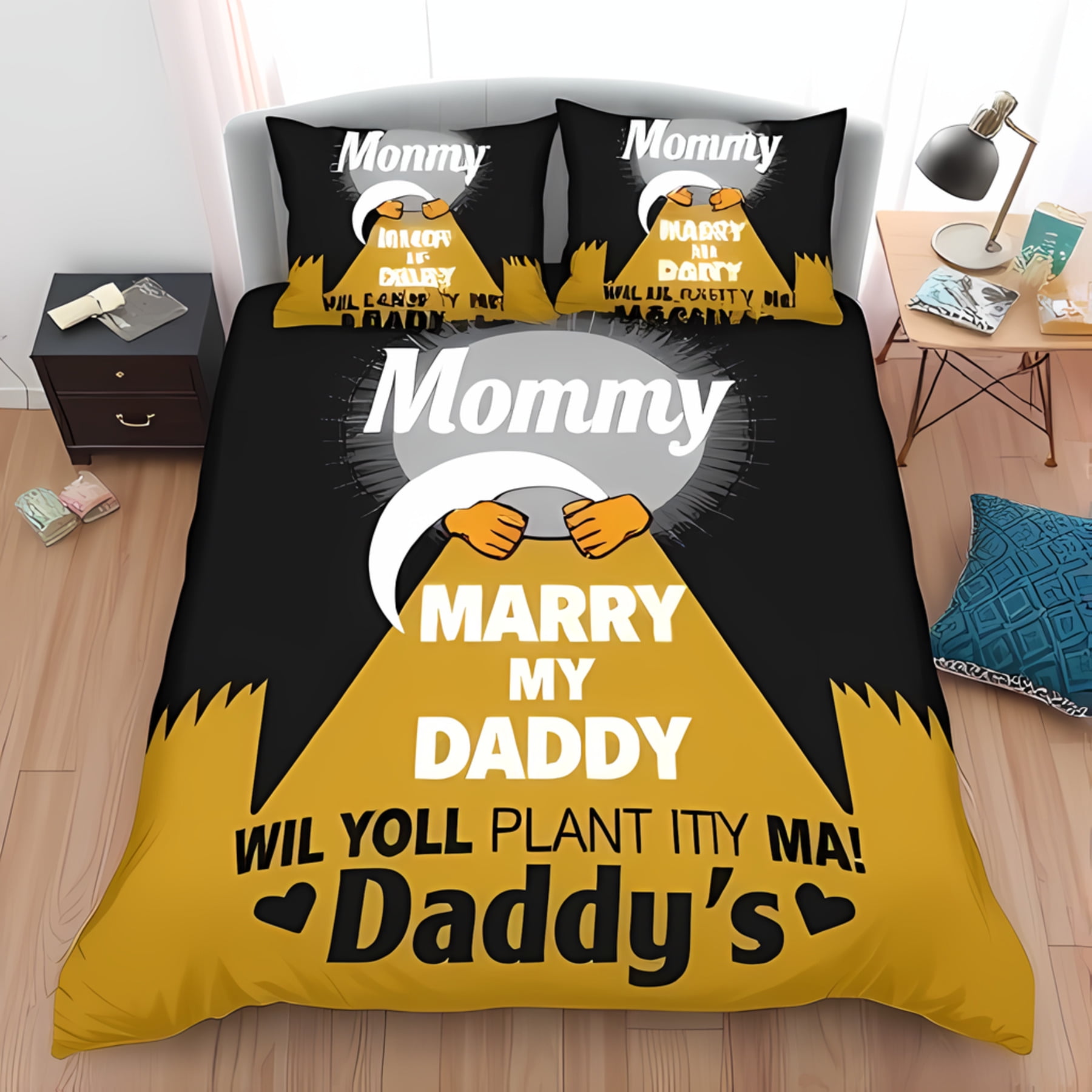 3-Piece Duvet Cover Set with Playful 'Marry My Daddy' Design in Black and Mustard Yellow ...