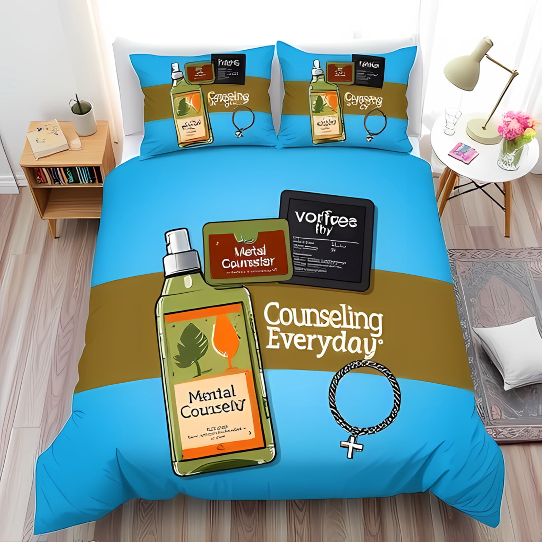 3-Piece Duvet Cover Set with Playful Mental Graphics - Bright Blue ...