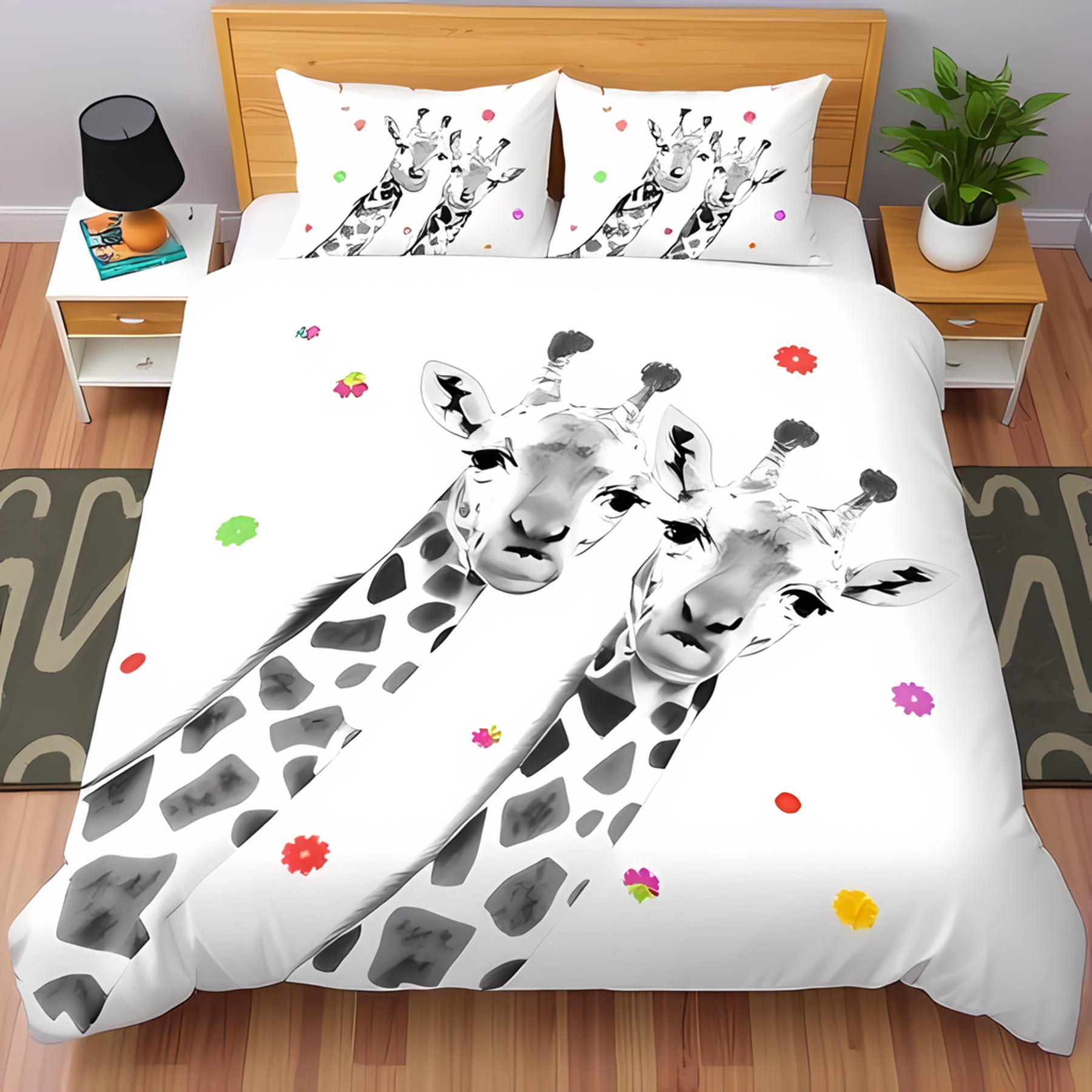 3-Piece Duvet Cover Set with Playful Monochrome Giraffes & Colorful ...