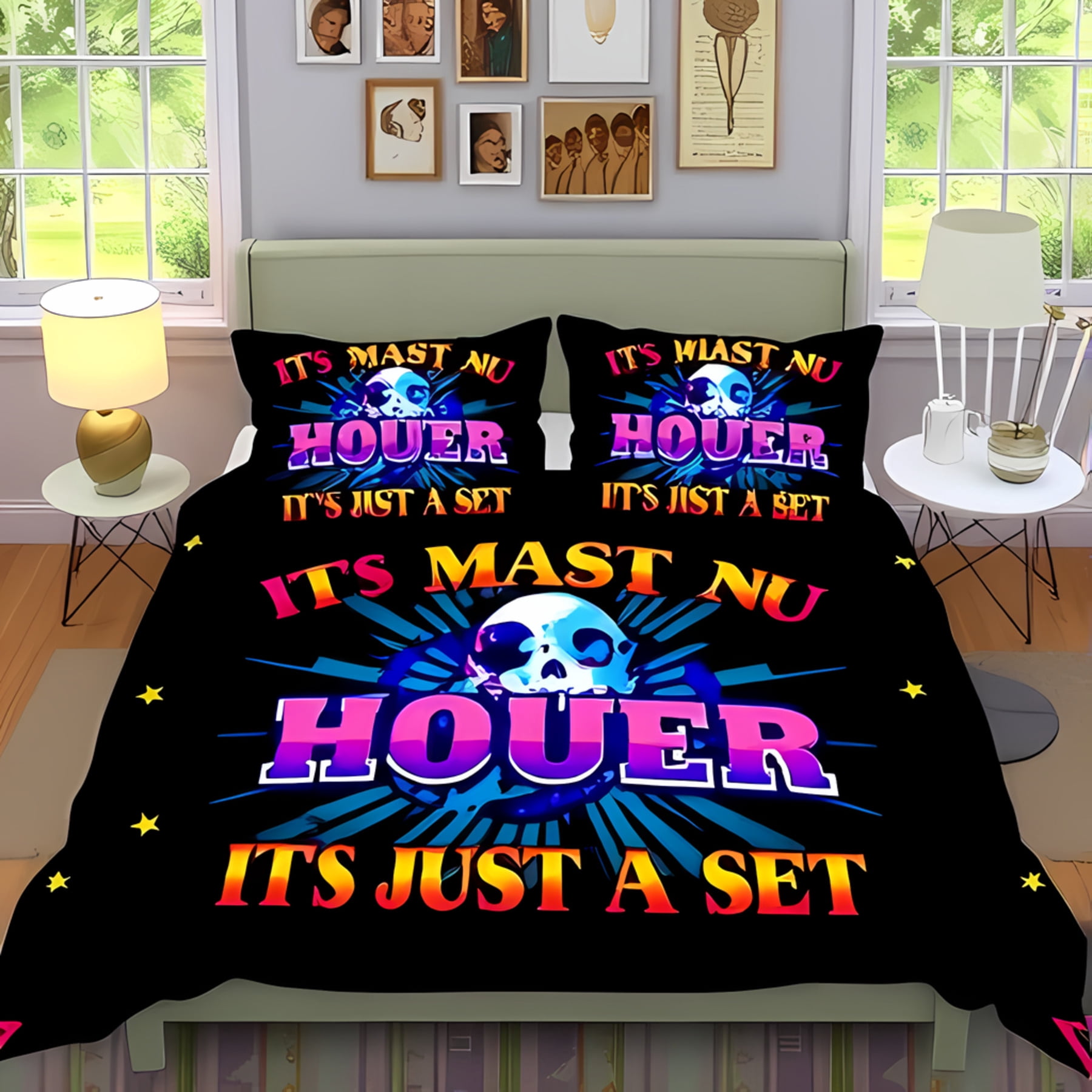 3-Piece Duvet Cover Set with Playful Motif in Bold Purple Blue and ...