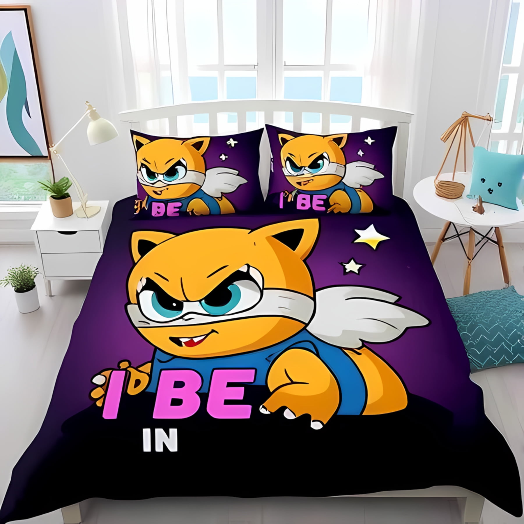 3-Piece Duvet Cover Set with Playful Orange Cat Design Stars & Bold "I ...