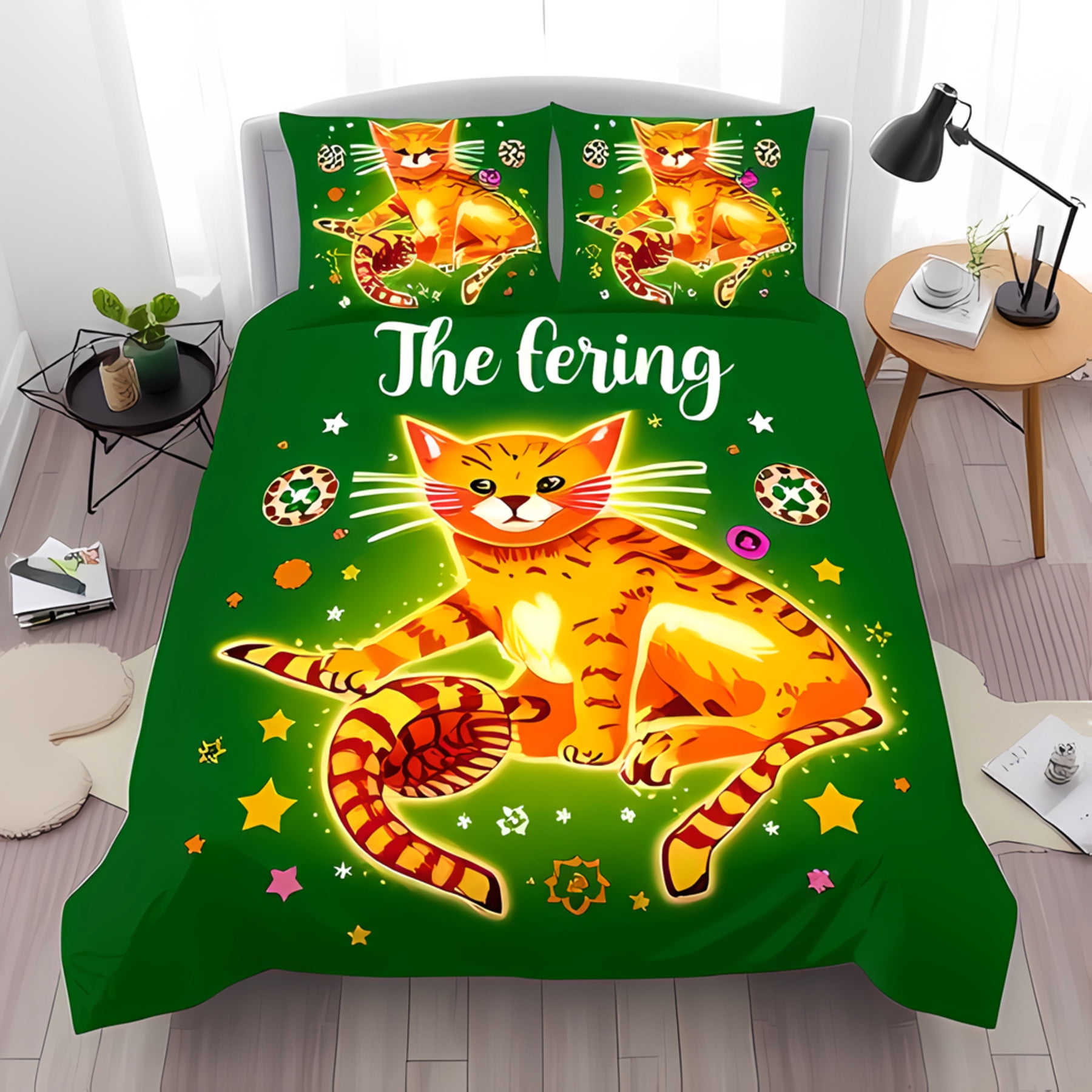3-Piece Duvet Cover Set with Playful Orange Cat and Colorful Star ...