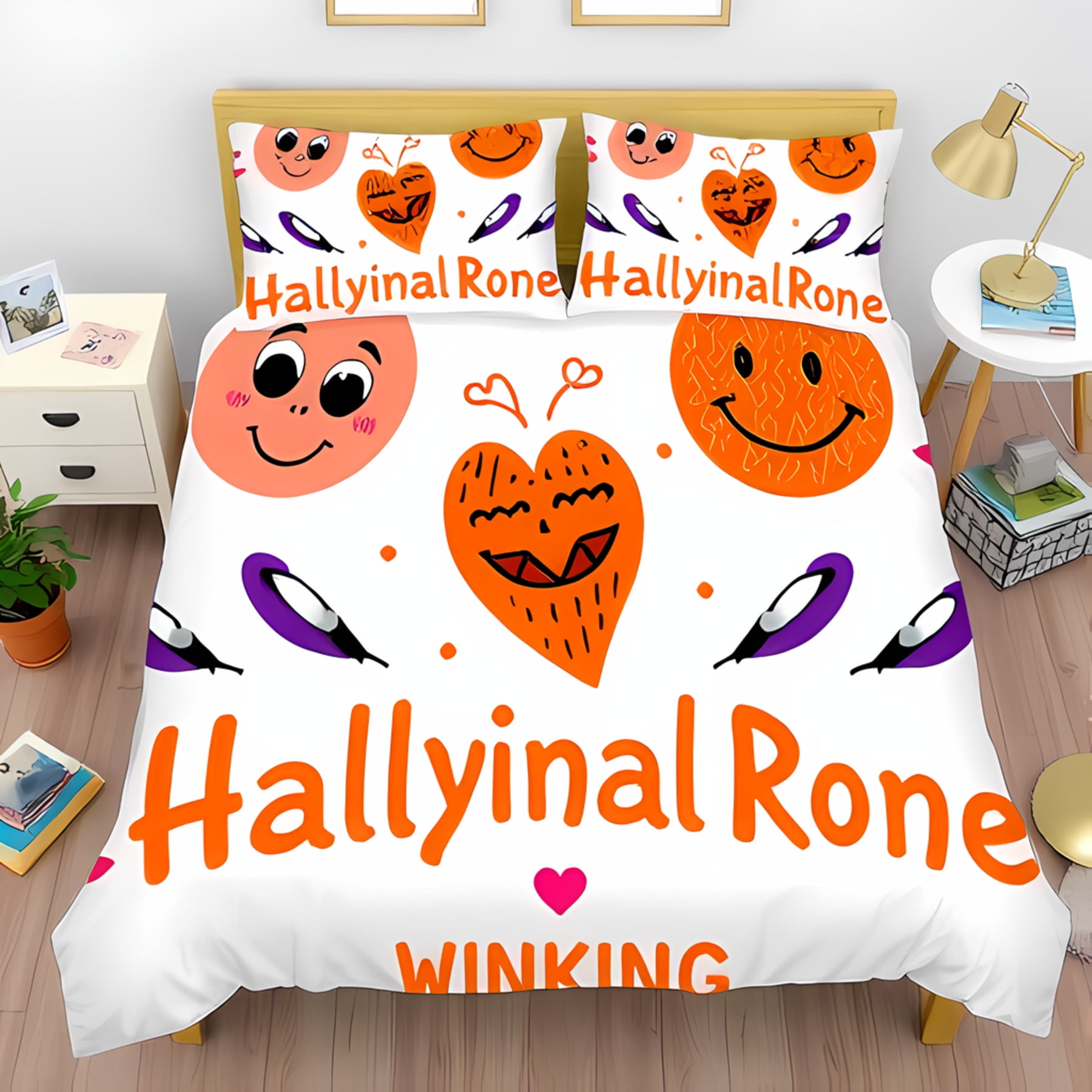 3-Piece Duvet Cover Set with Playful Orange Heart and Cartoon Eggplant ...