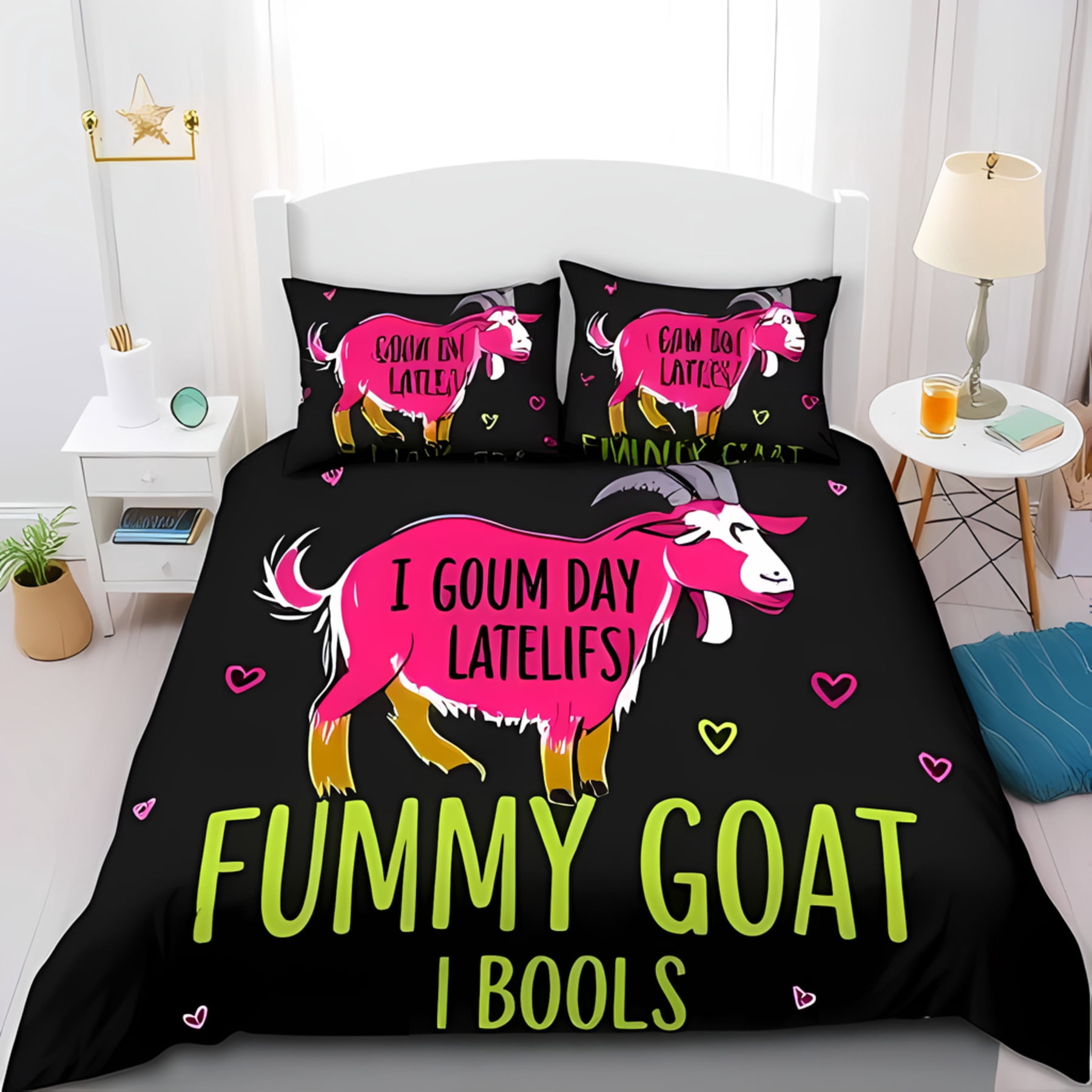 3-Piece Duvet Cover Set with Playful Pink Goat Design and Whimsical ...