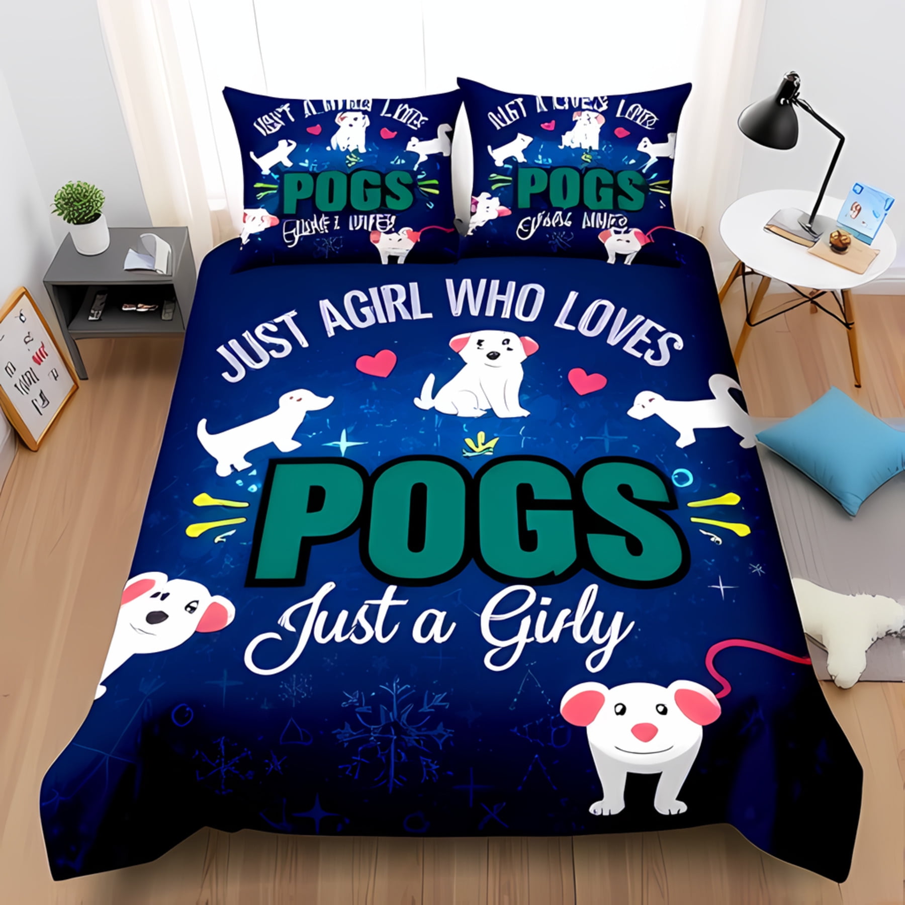 3-Piece Duvet Cover Set with Playful Pug Design on Deep Blue Background ...