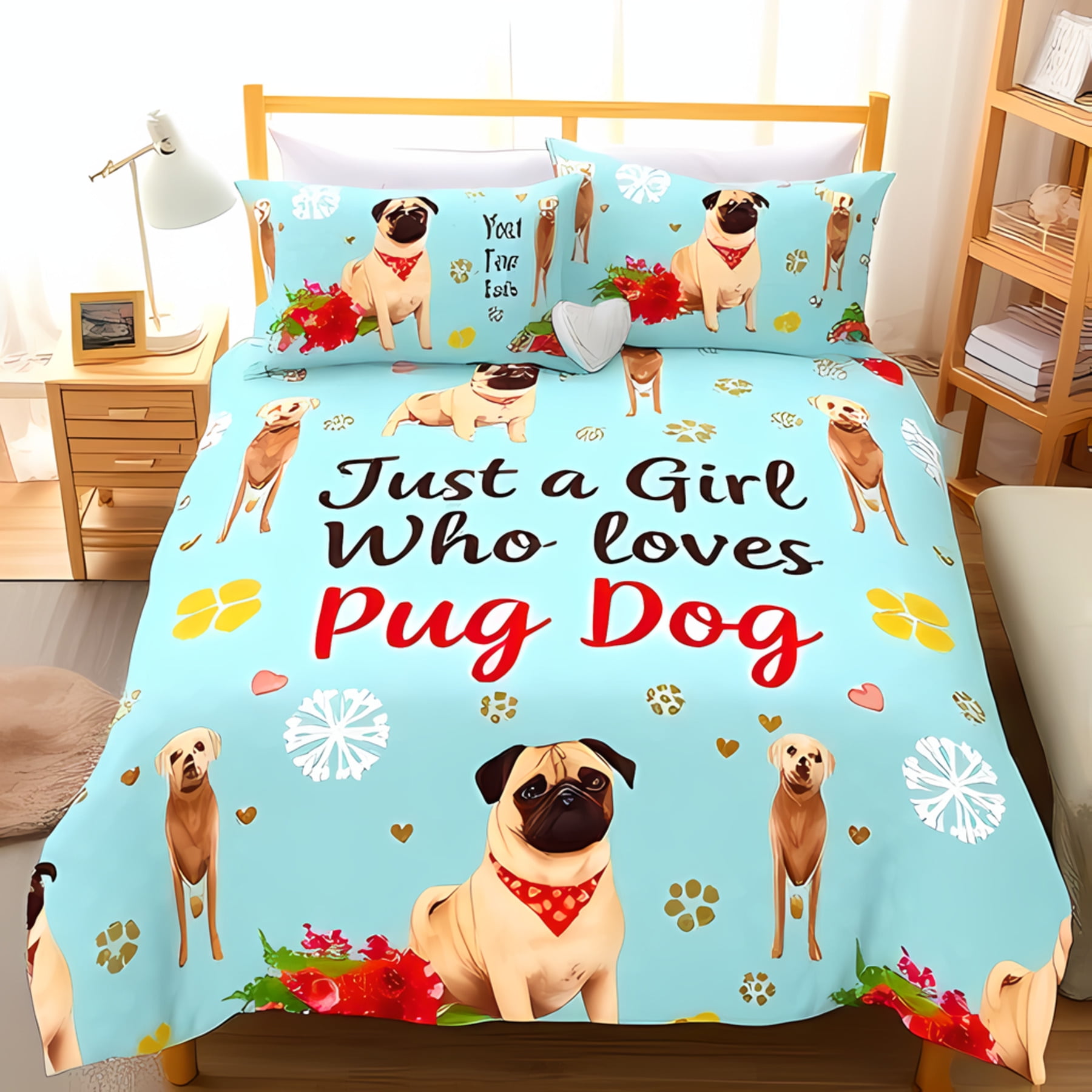 3-Piece Duvet Cover Set with Playful Pug Illustrations & Floral Accents ...