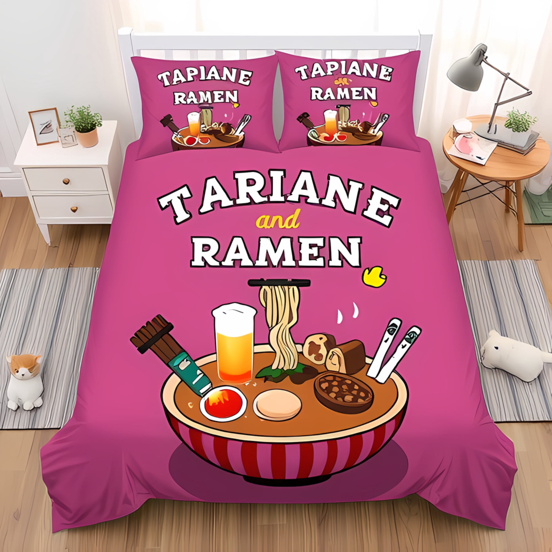 3-Piece Duvet Cover Set with Playful Ramen Design Bright Pink ...