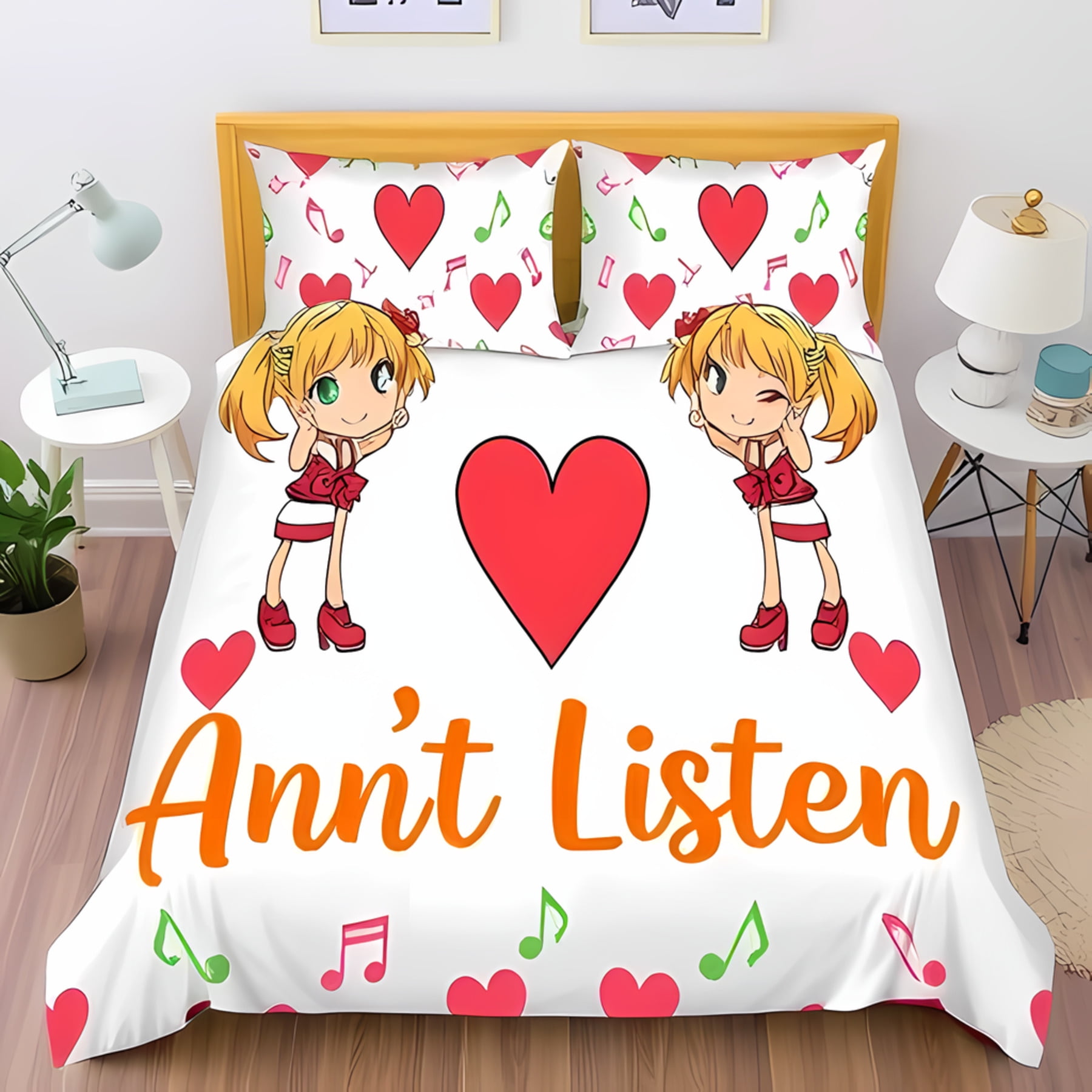 3-Piece Duvet Cover Set with Playful Red Hearts Musical Notes and ...