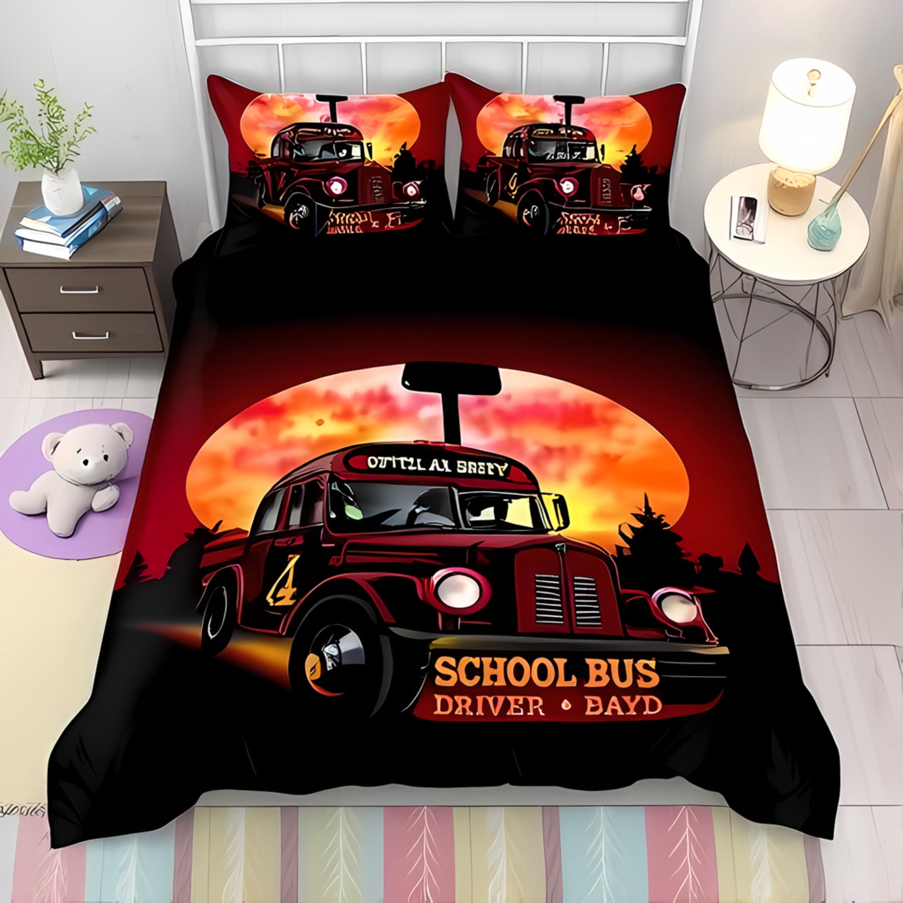3-Piece Duvet Cover Set with Playful School Bus Design Bold Red Vehicle ...