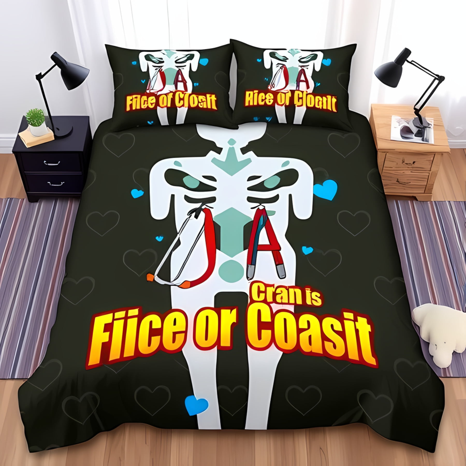 3-Piece Duvet Cover Set with Playful Skeleton Design Hearts & Bold Text ...