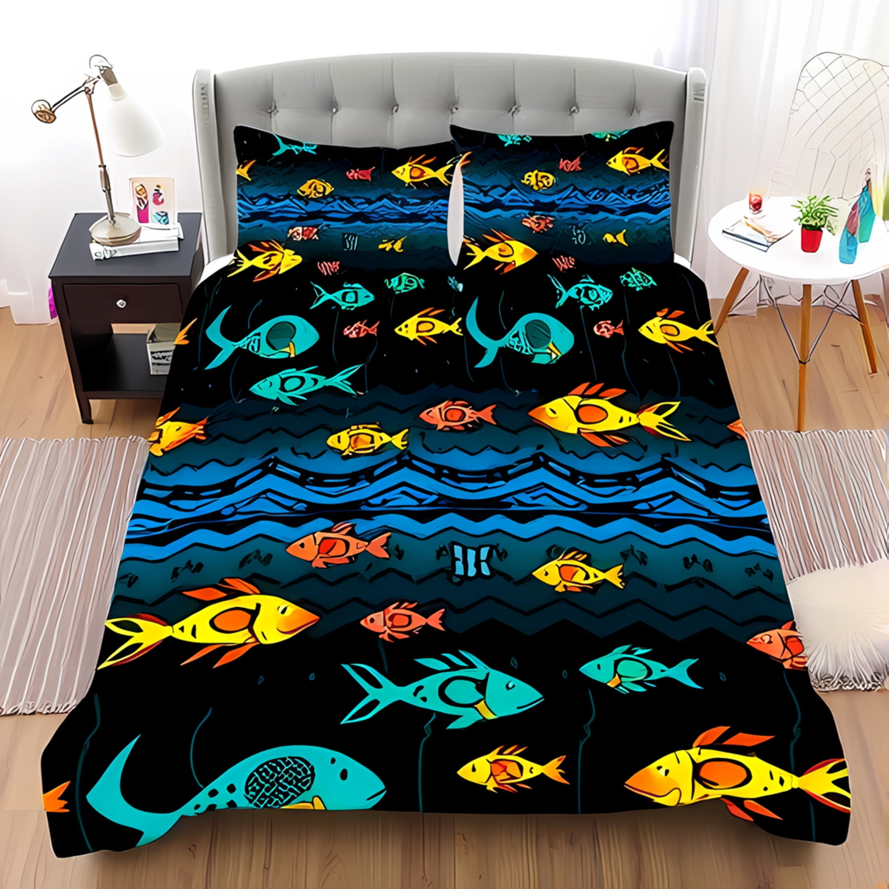3-Piece Duvet Cover Set with Playful Underwater Scene Colorful Fish ...
