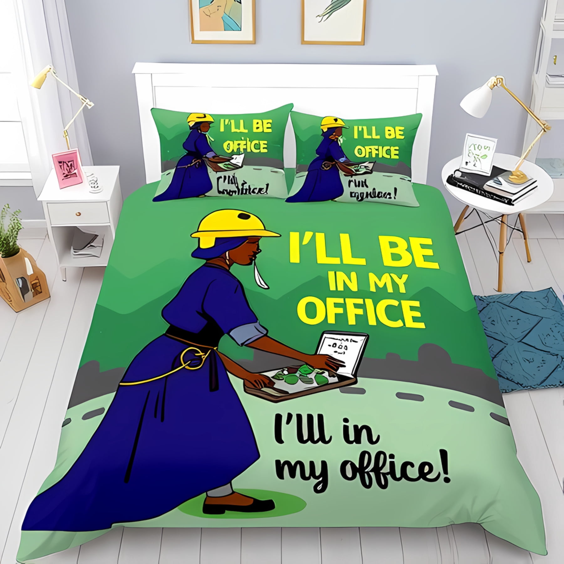 3-Piece Duvet Cover Set with Playful Woman in Blue Dress & Yellow Hat ...
