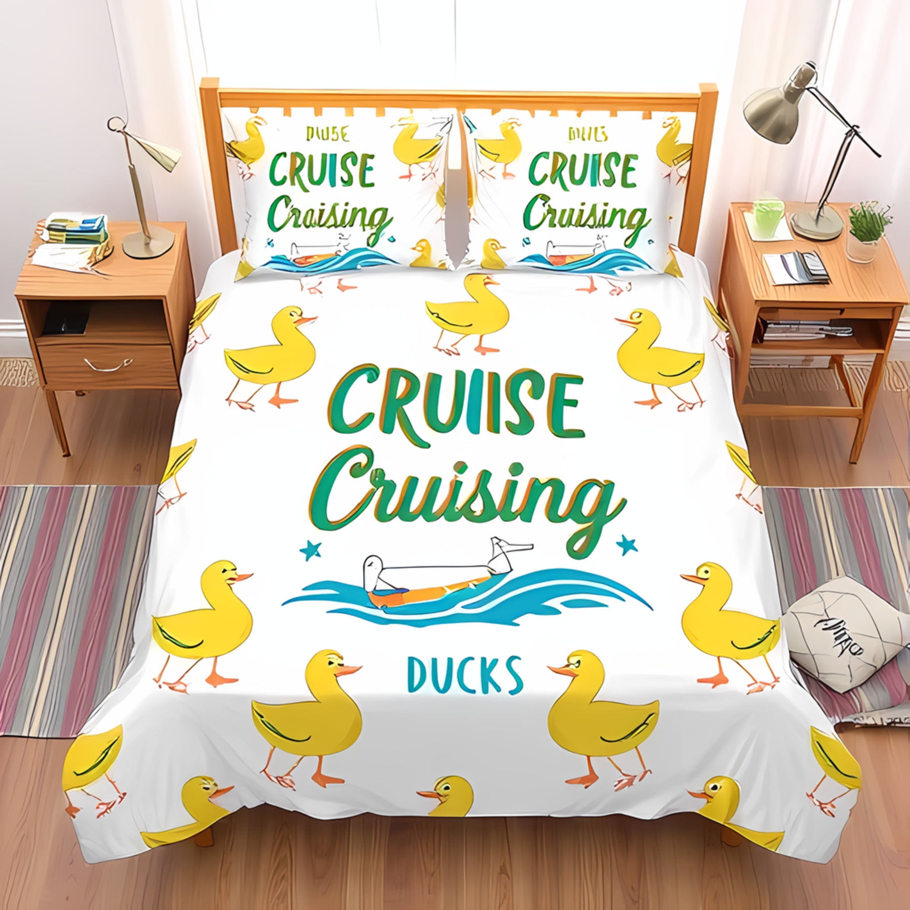 3-Piece Duvet Cover Set with Playful Yellow Ducks & Whimsical Boat ...