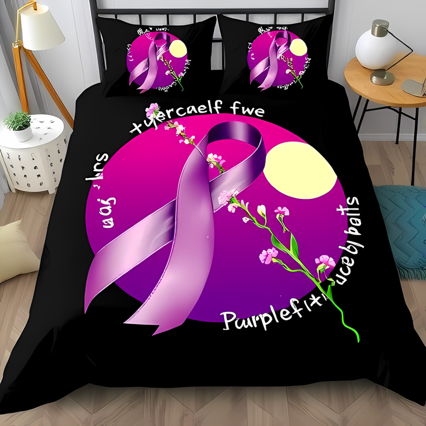 3-Piece Duvet Cover Set with Purple Awareness Ribbon & Floral Design ...