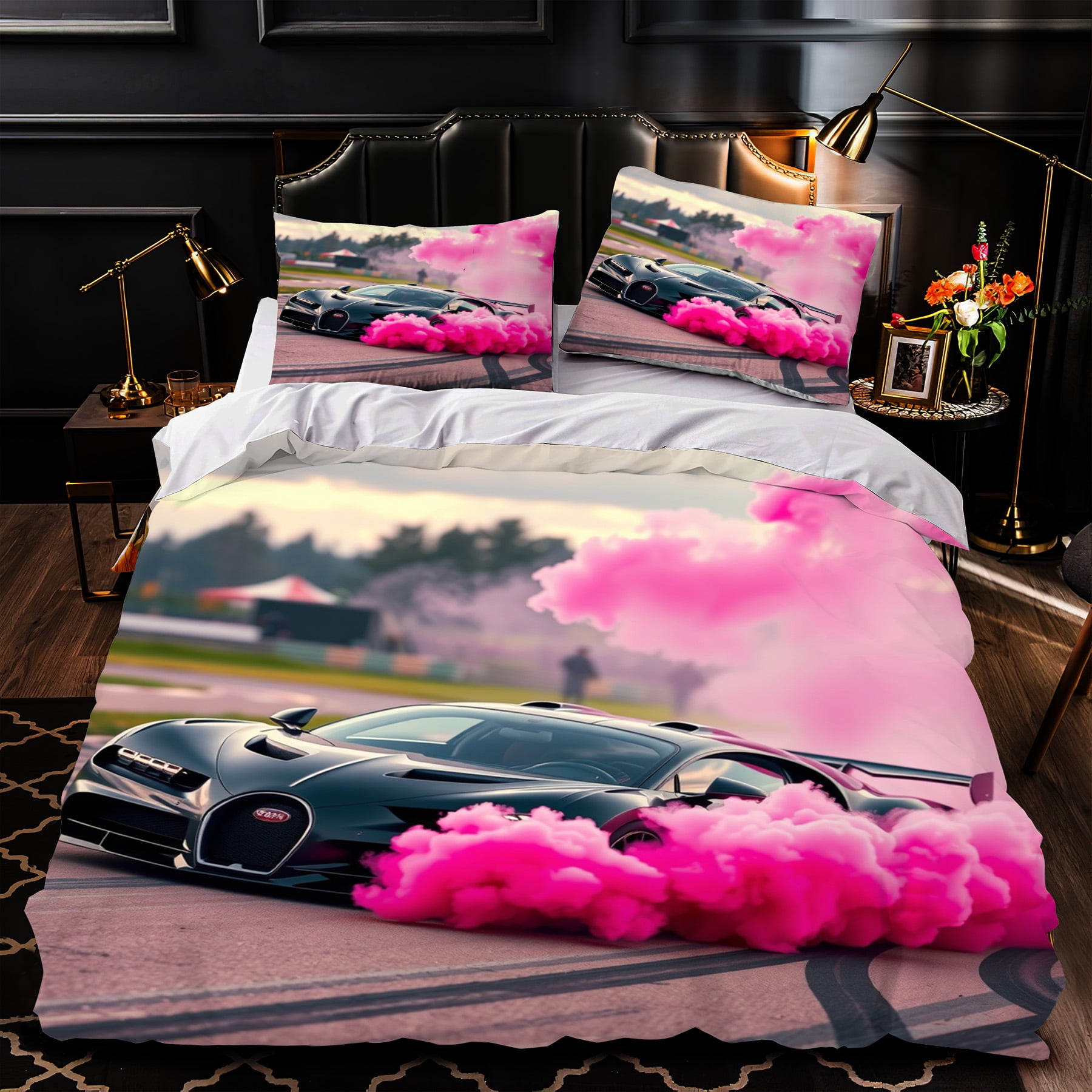 3-Piece Duvet Cover Set with Racing Car Design Surrounded by Pink Smoke ...