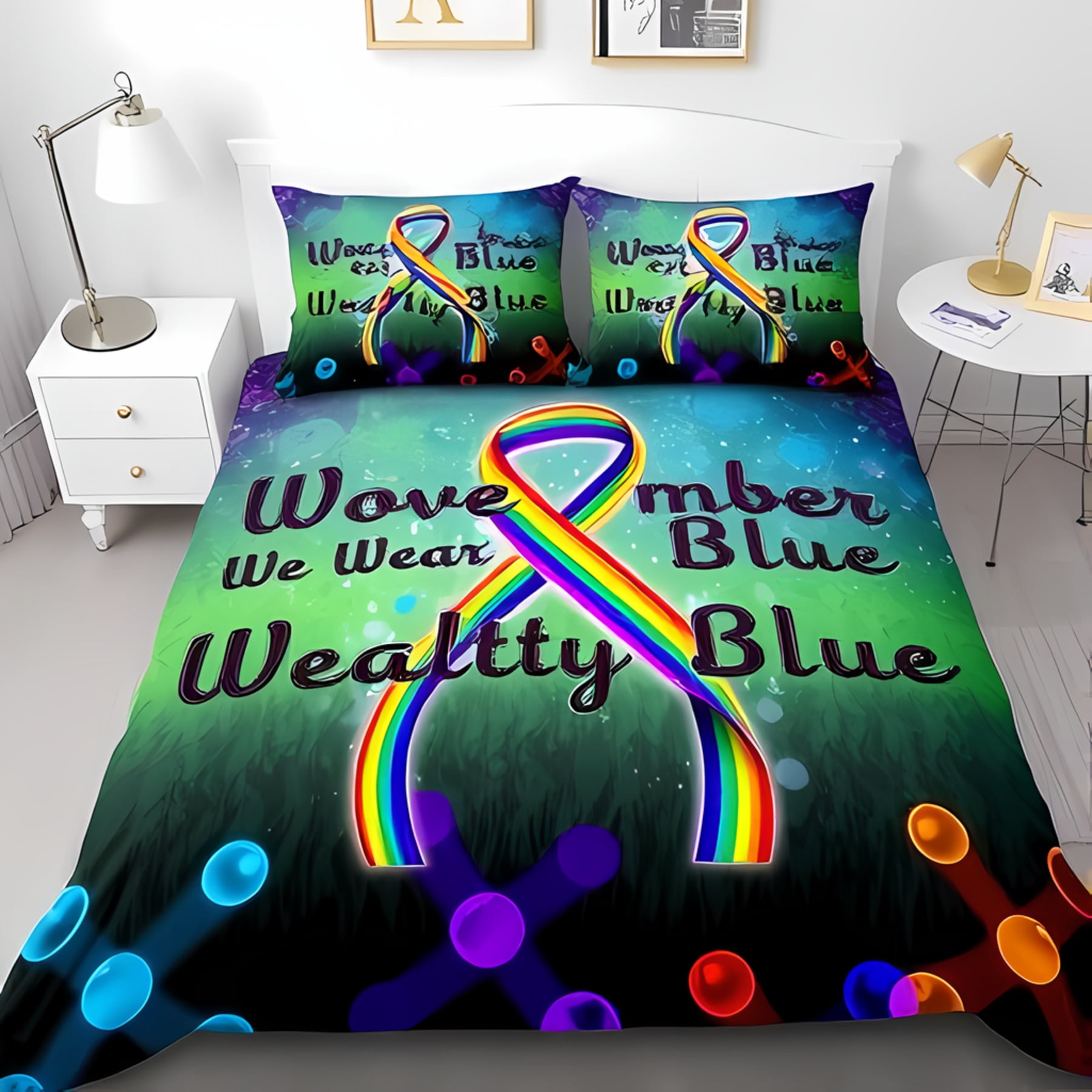 3-Piece Duvet Cover Set with Rainbow Ribbon Design on Dark Teal ...