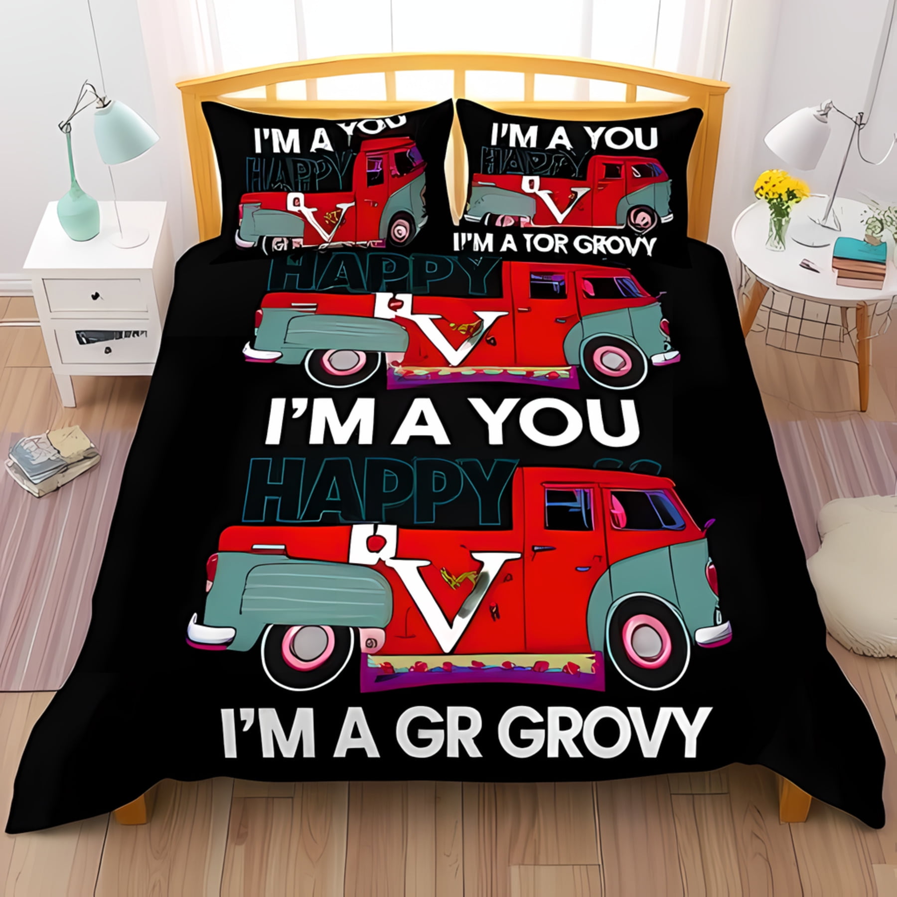 3-Piece Duvet Cover Set with Retro Red Van Design Colorful Patterns on ...
