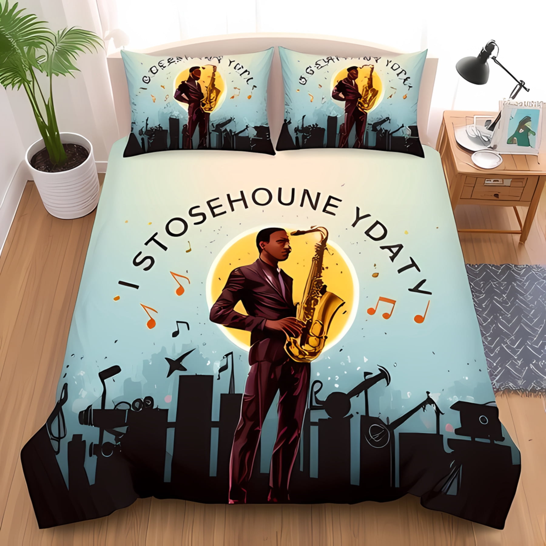 3-Piece Duvet Cover Set with Retro Saxophone Player Design Cityscape ...