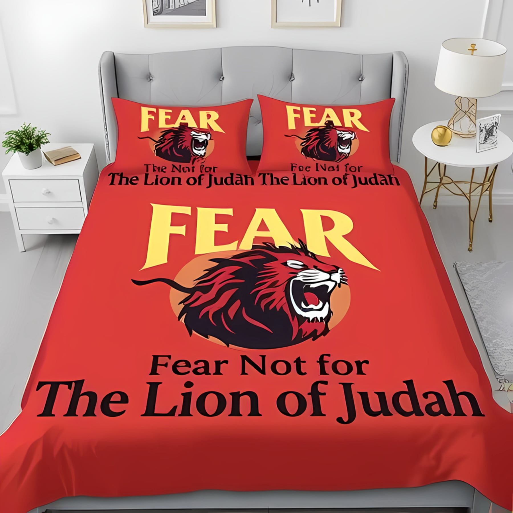 3-Piece Duvet Cover Set with Roaring Lion and Design " Fear Not for The ...