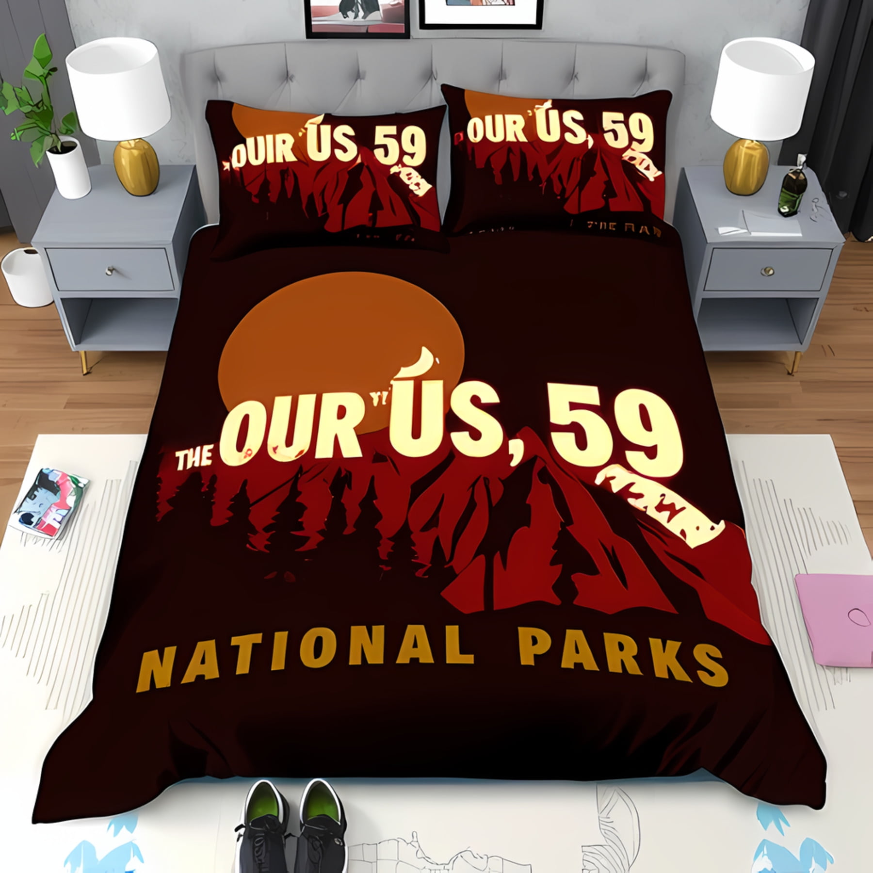 3-Piece Duvet Cover Set with Rustic Mountain and Tree Graphics Sunset ...