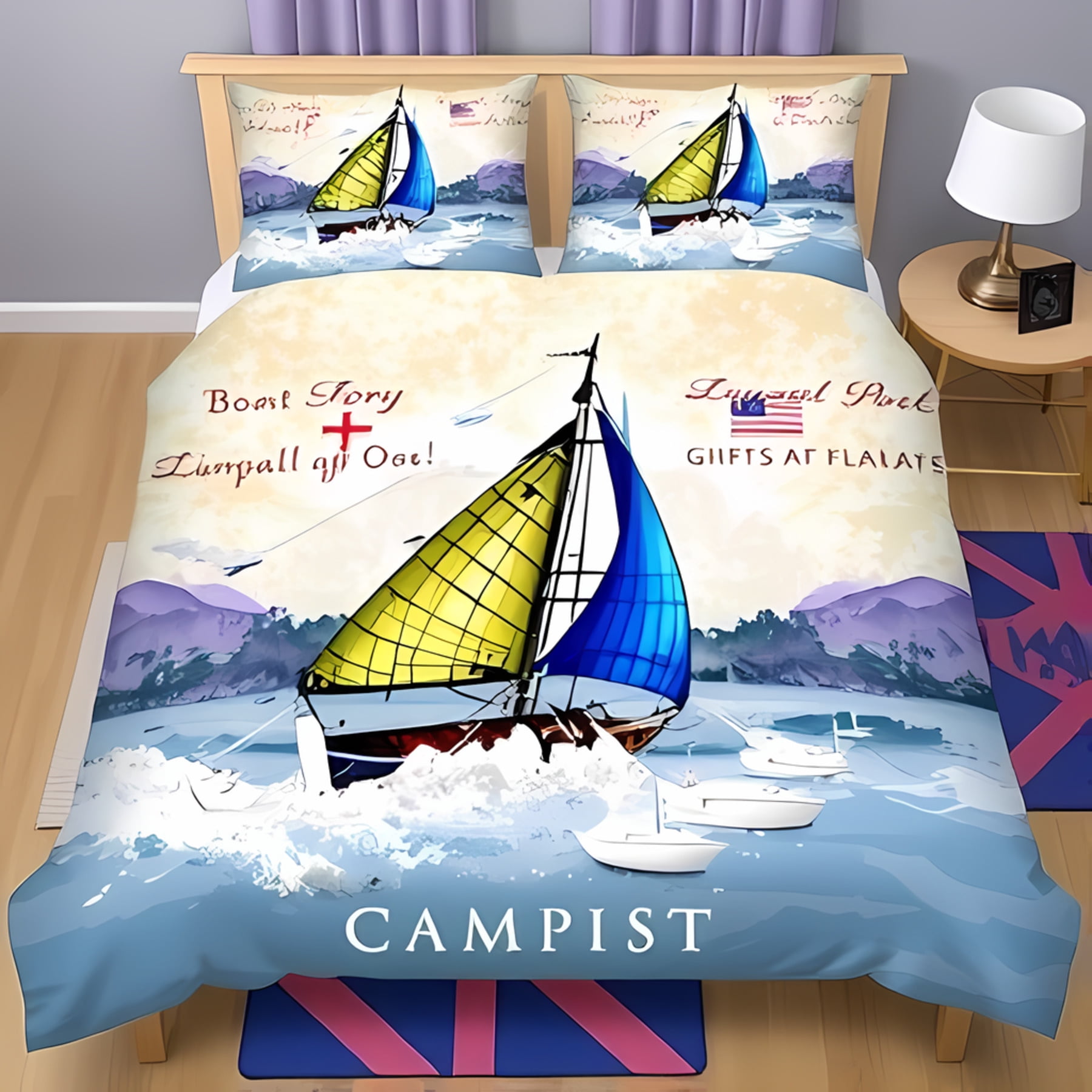 3-Piece Duvet Cover Set with Sailboat Design - Bright Yellow & Blue ...