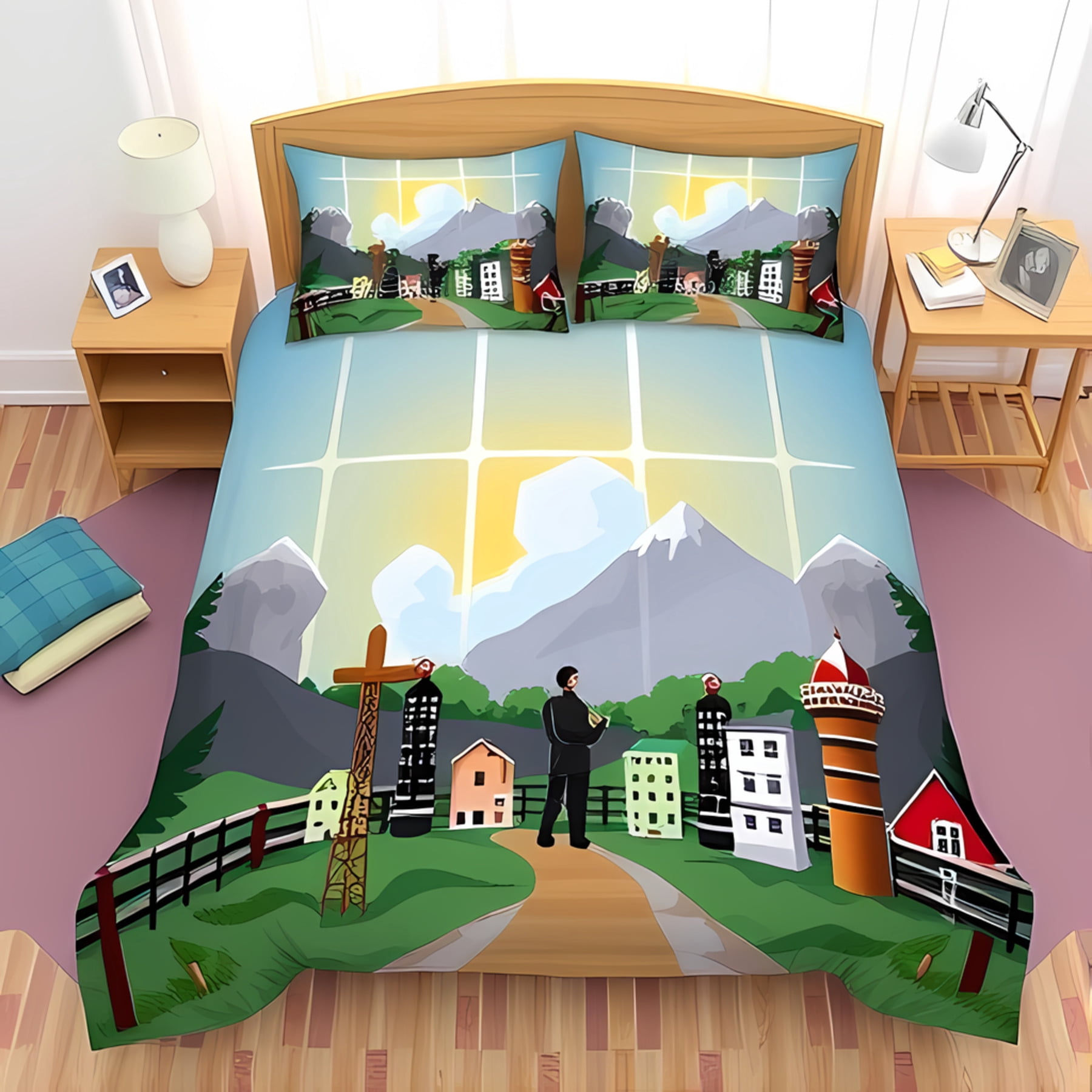 3-Piece Duvet Cover Set with Scenic Landscape Design - Mountain Range ...