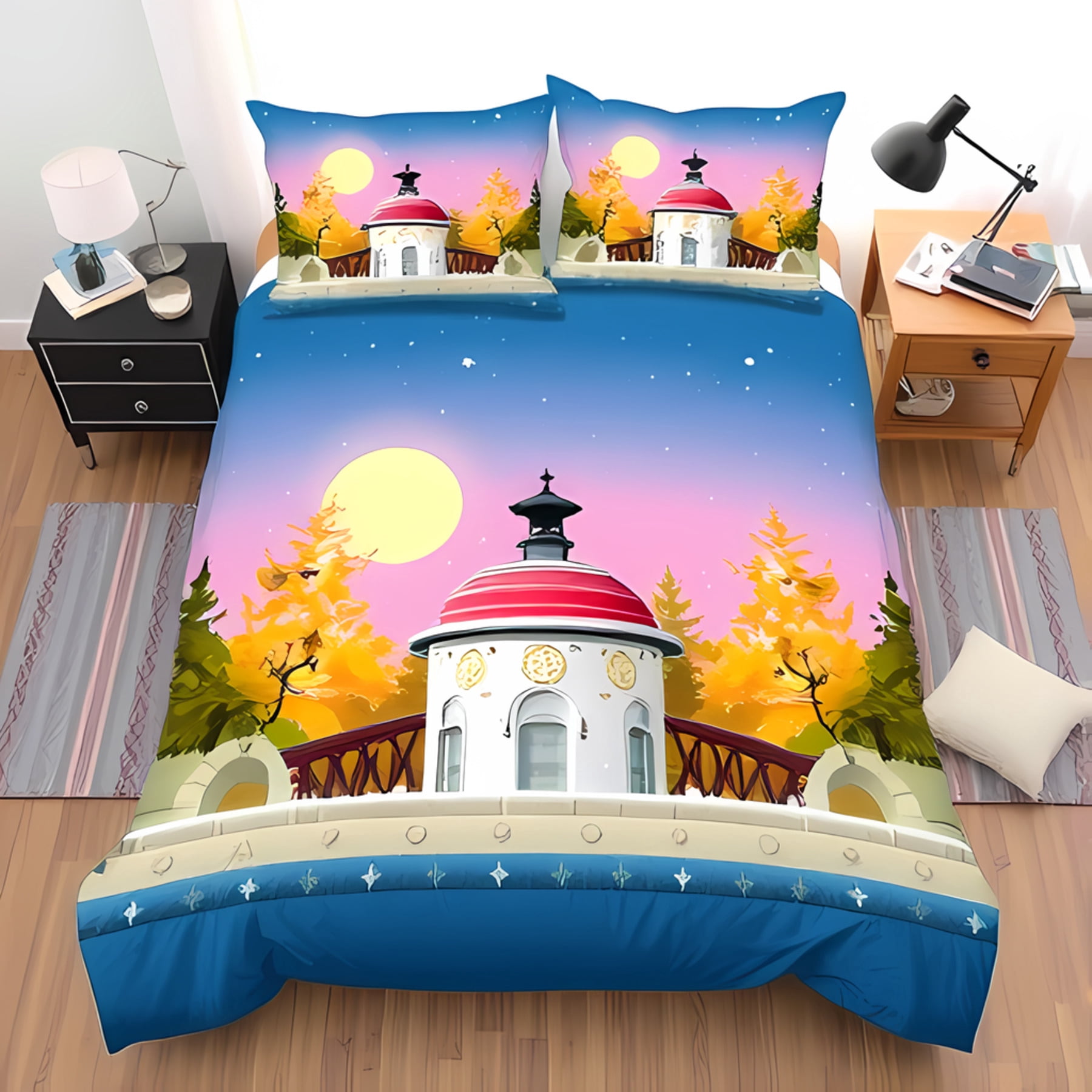 3-Piece Duvet Cover Set with Scenic White and Red Roof Design Autumn ...